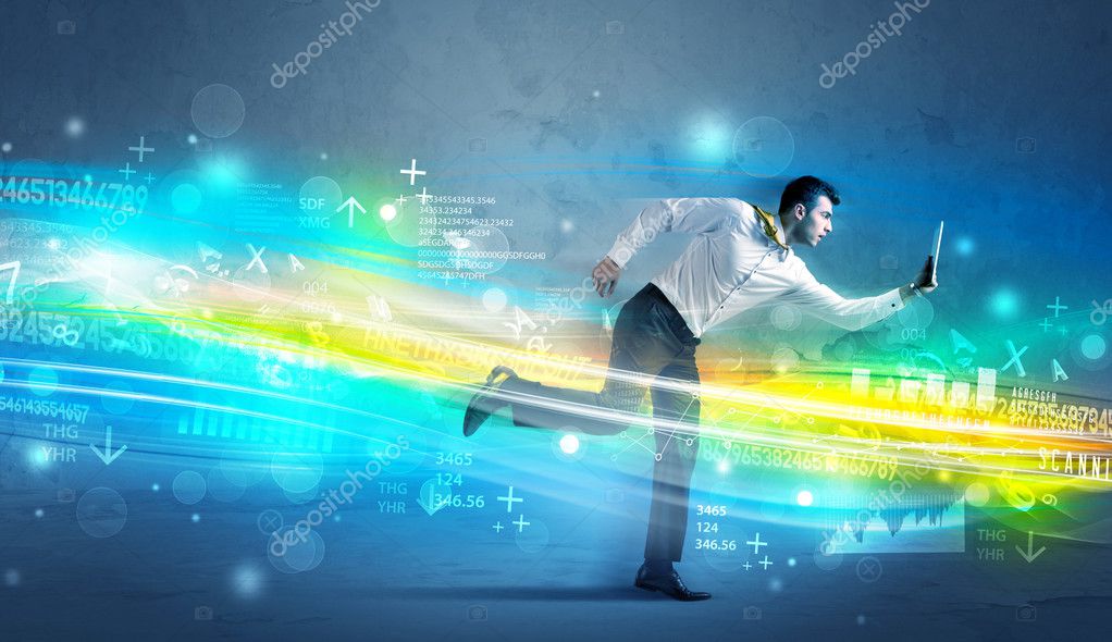 Business man running in high tech wave concept — Stock Photo ...