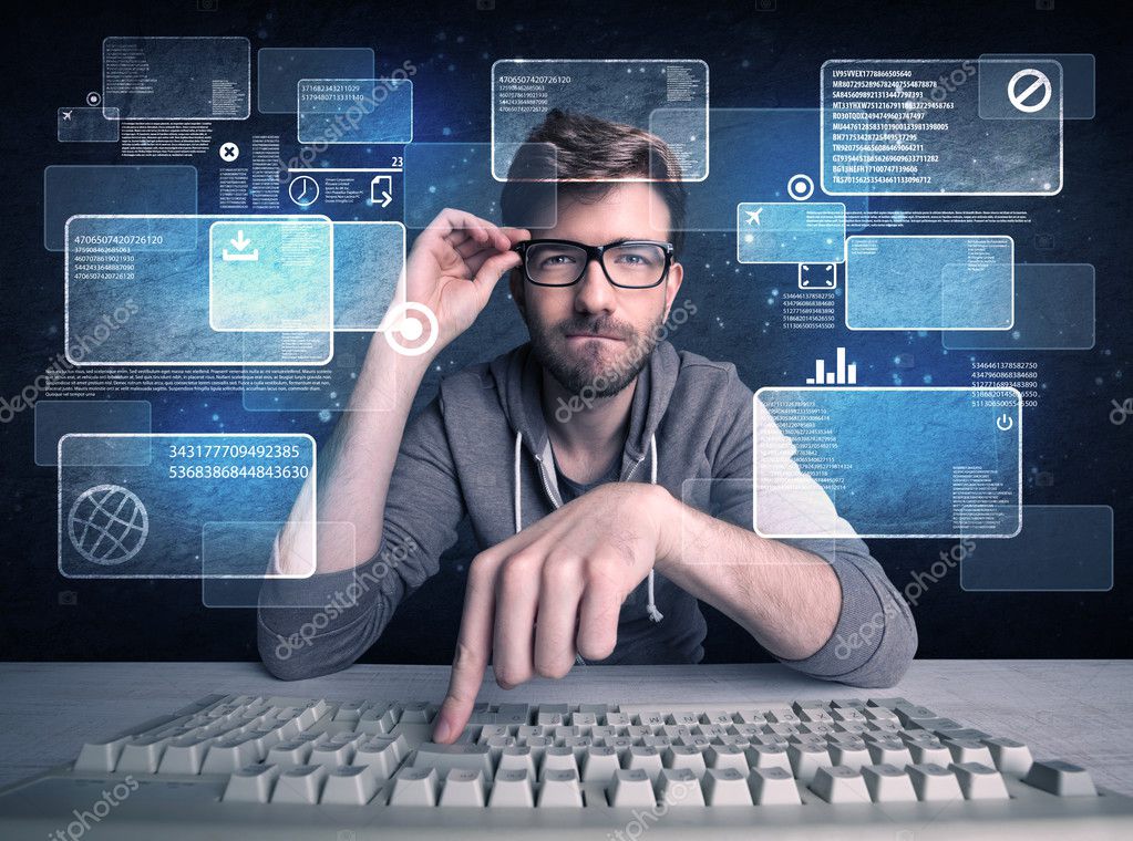 Nerd with glasses hacking websites Stock Photo by ©ra2studio 126696442
