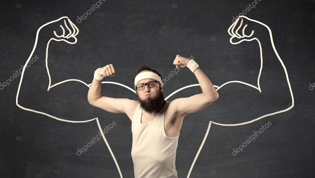 Young weak man with drawn muscles Stock Photo by ©ra2studio 127236846