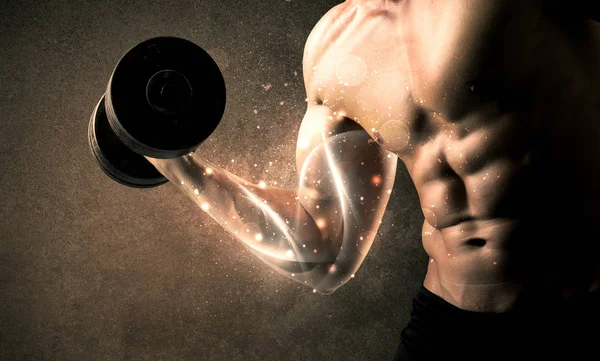 Bodybuilder athlete lifting weight with fire explode arm concept Stock ...