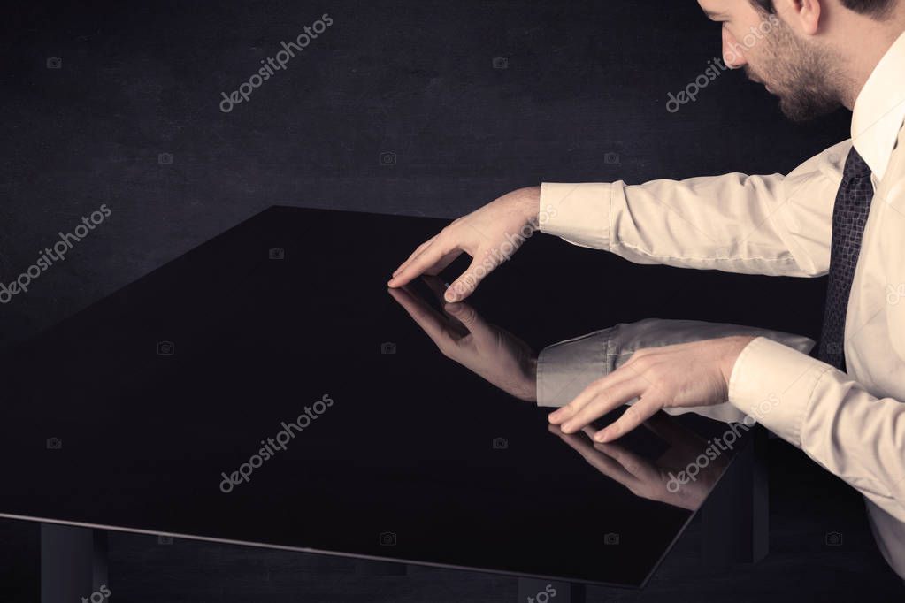 Close up of a hand touching smart table with copy space — Stock Photo ...