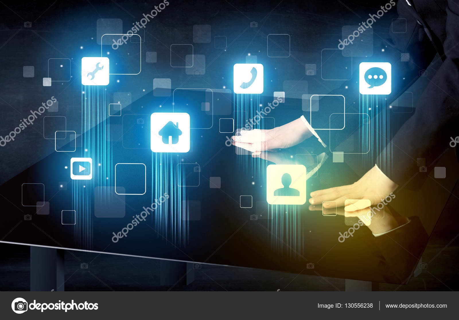 Modern smart table with high tech icons on its interface screen Stock ...