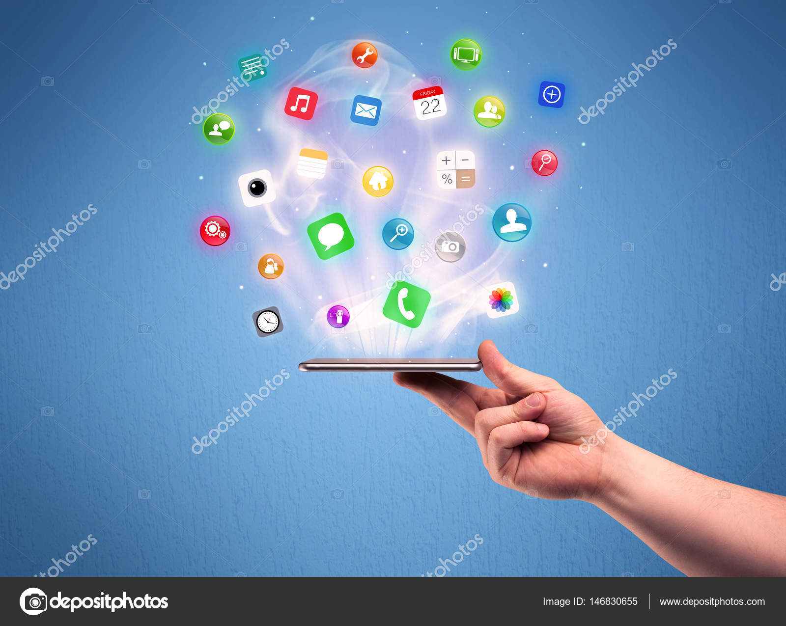 Hand holding tablet phone with app icons — Stock Photo © ra2studio ...