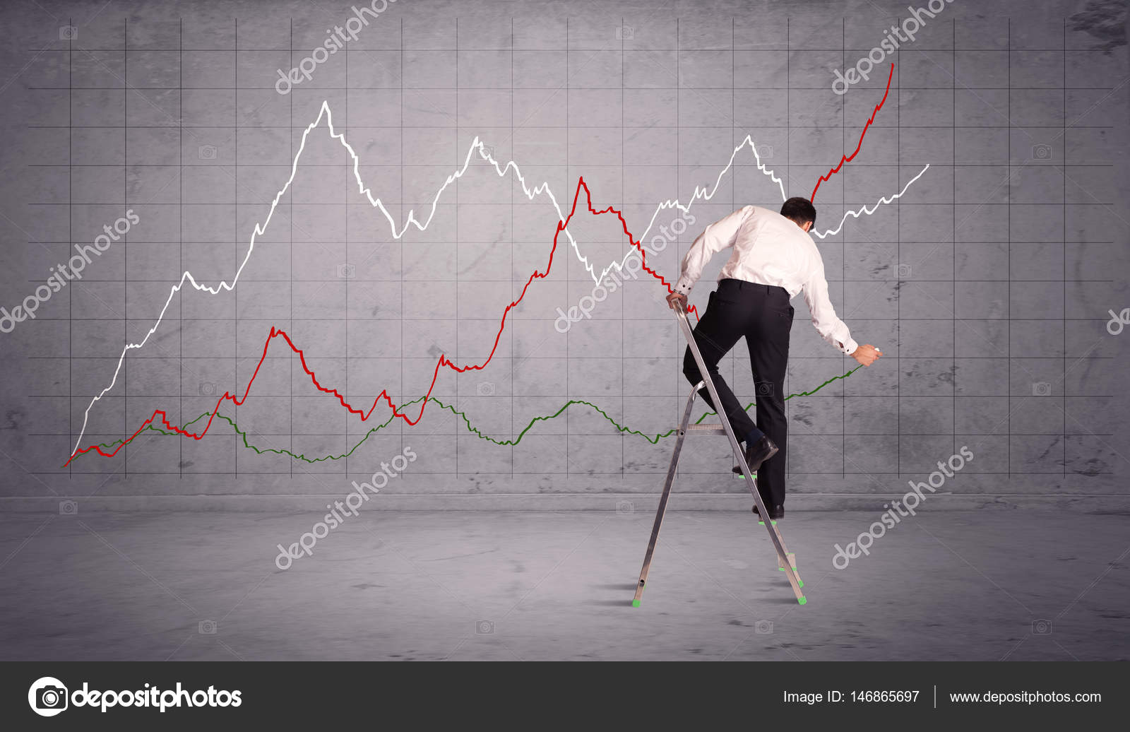 Male on ladder drawing chart lines — Stock Photo © ra2studio #146865697