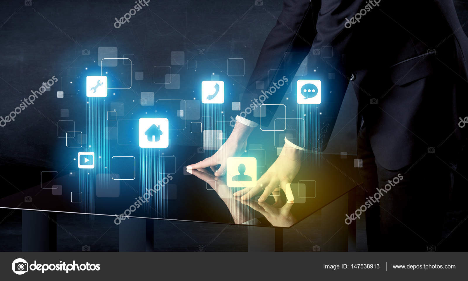 Modern smart table with high tech icons on its interface screen Stock ...