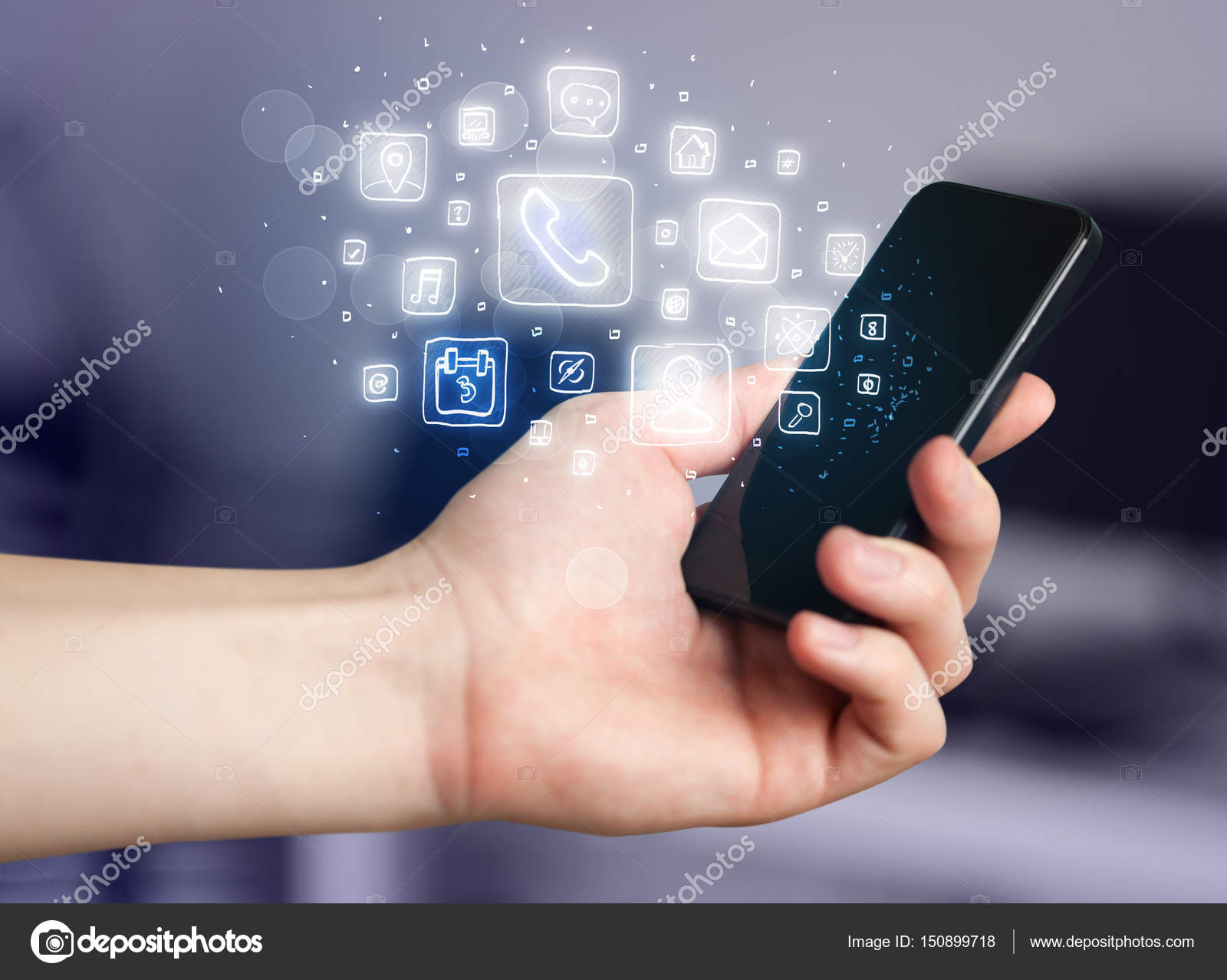 Hand holding smartphone with mobile app icons — Stock Photo © ra2studio ...