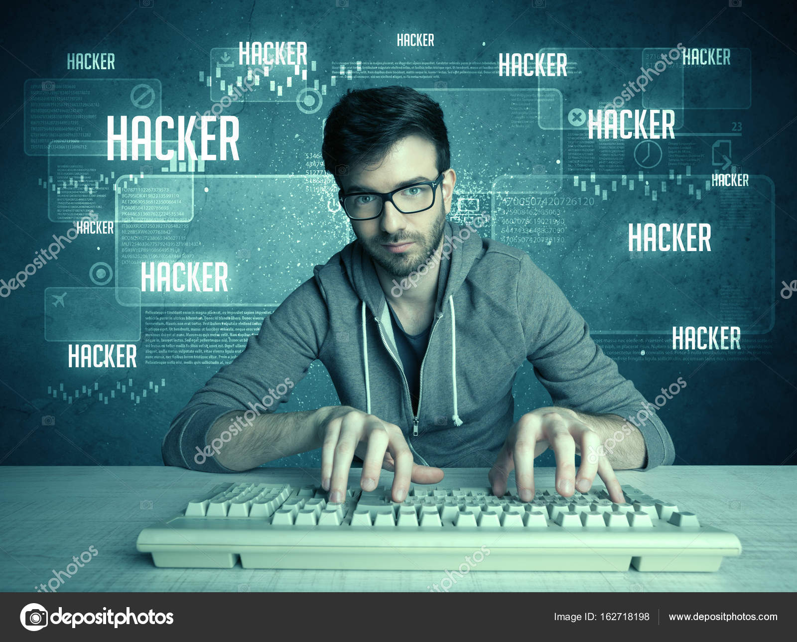 Hacker with keyboard and glasses — Stock Photo © ra2studio #162718198