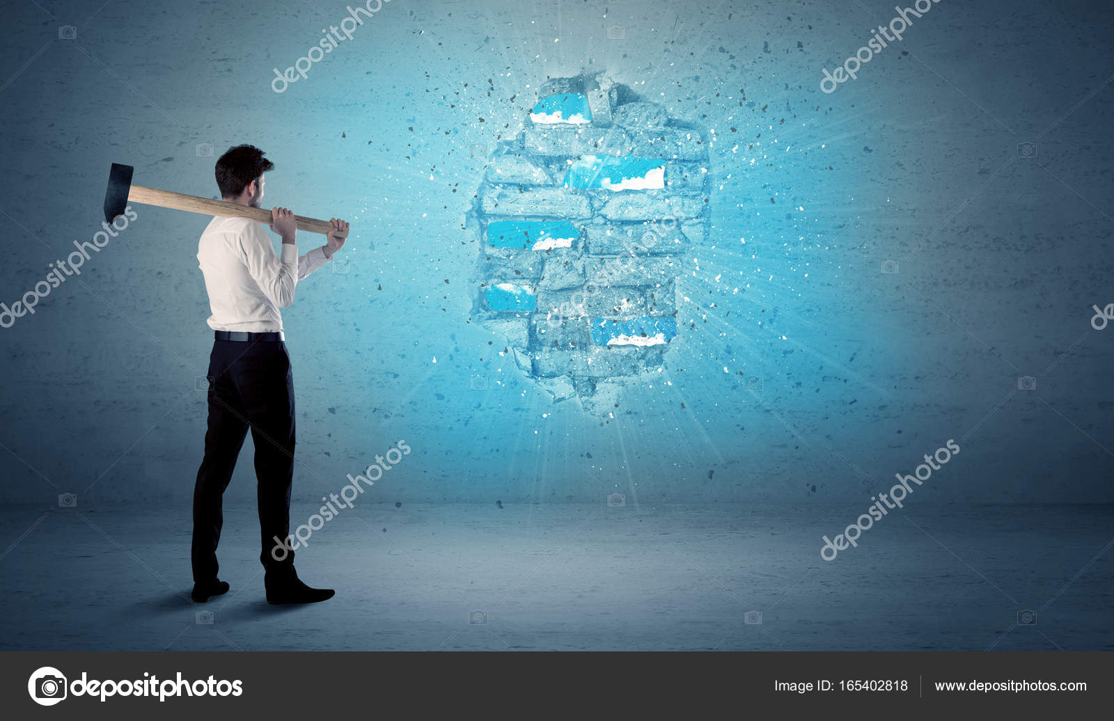 Business man hitting brick wall with huge hammer Stock Photo by ...