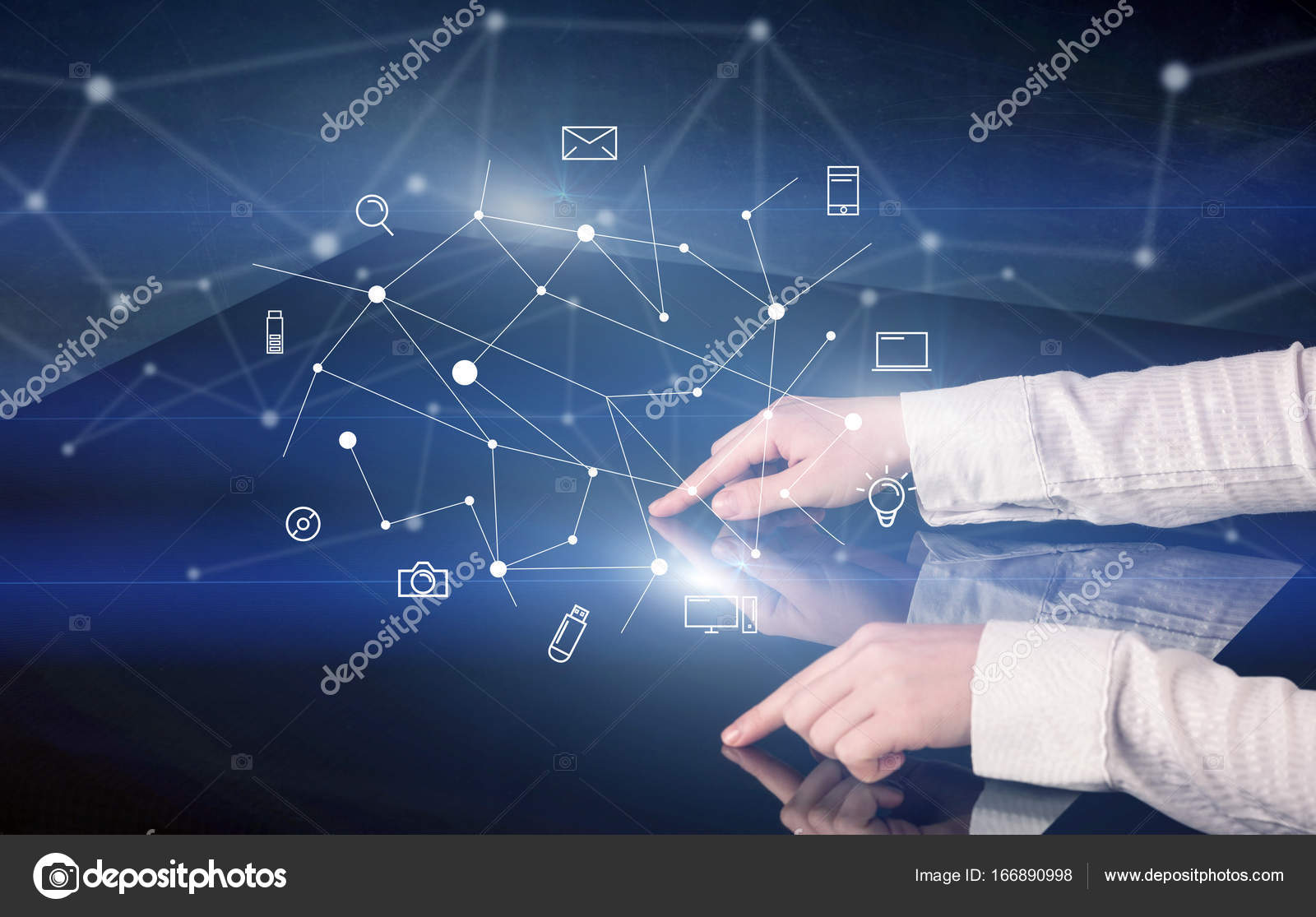 Hands touching interactive table Stock Photo by ©ra2studio 166890998