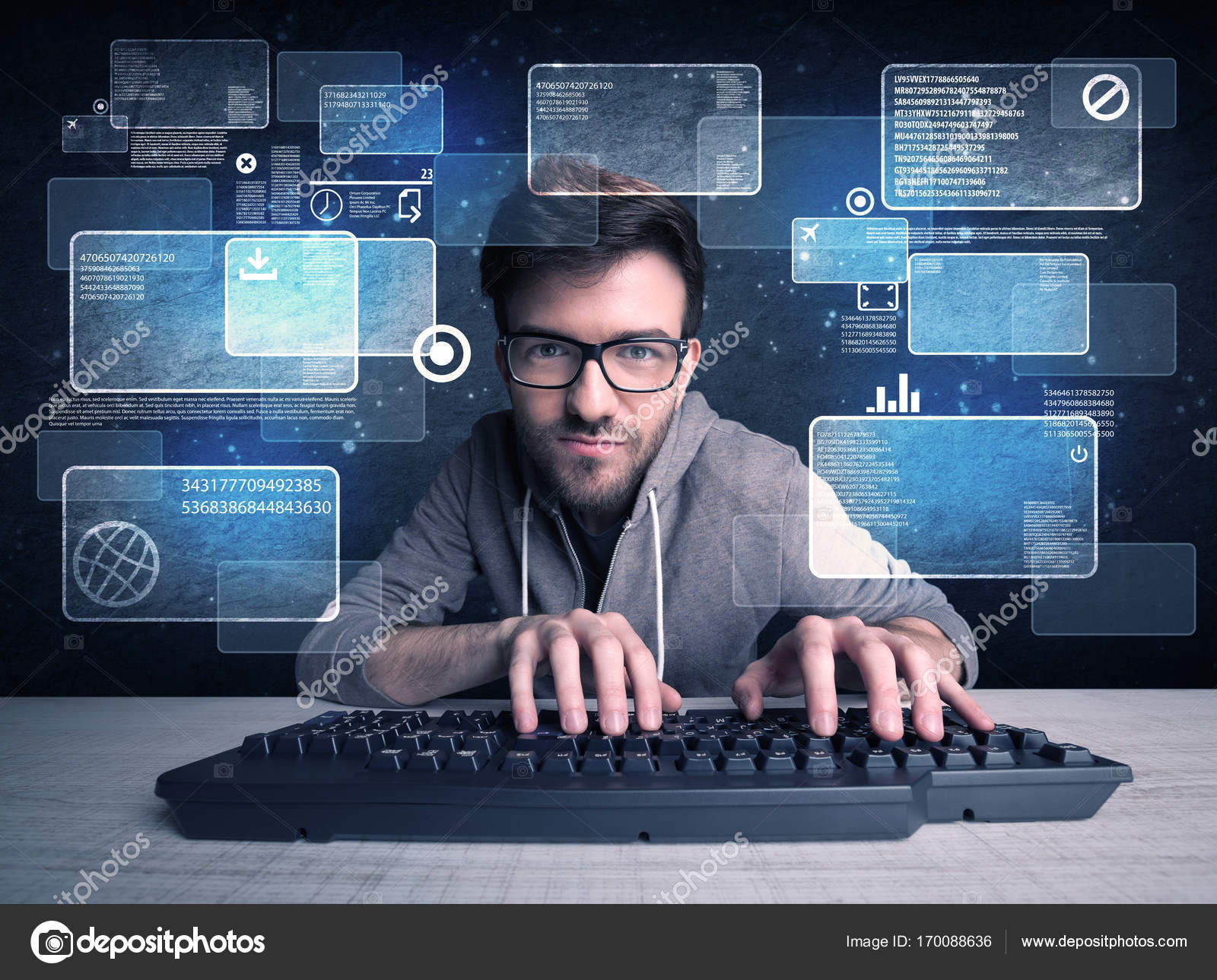 Nerd with glasses hacking websites Stock Photo by ©ra2studio 170088636
