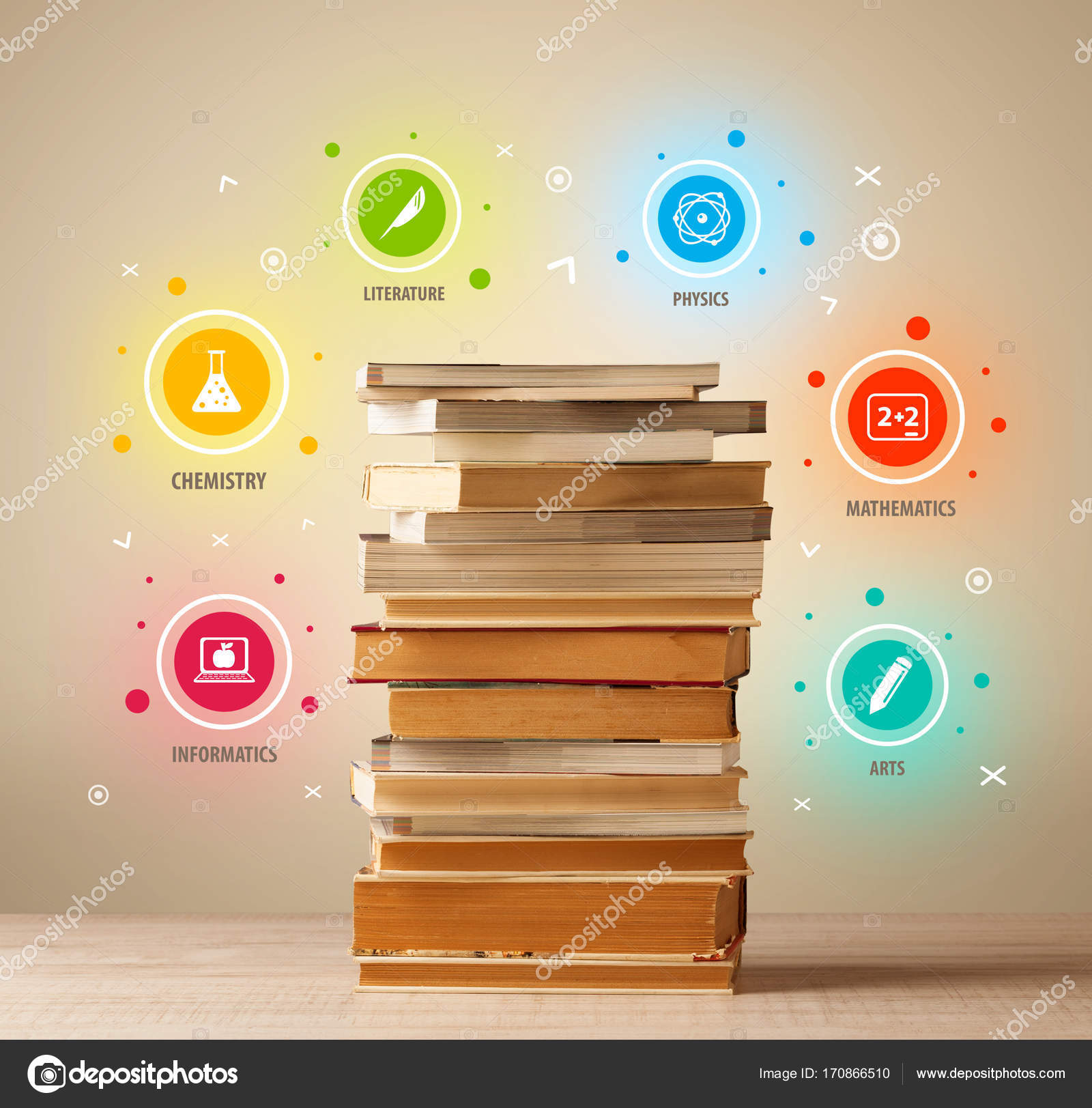 Books on top with colorful symbols on vintage background — Stock Photo ...