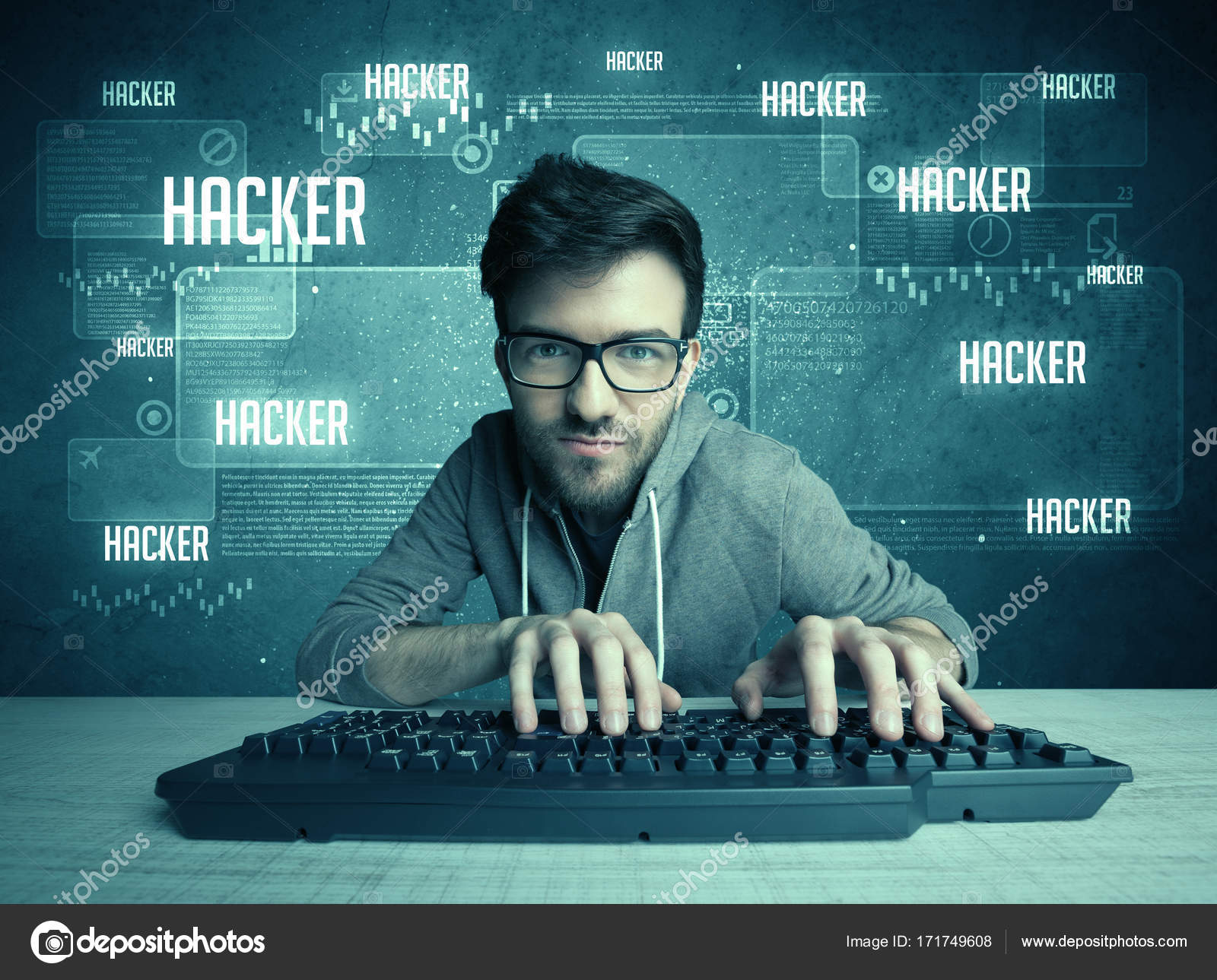 Hacker with keyboard and glasses Stock Photo by ©ra2studio 171749608