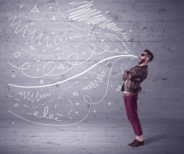 Funny shouting hipster with drawn lines - Stock Image - Everypixel