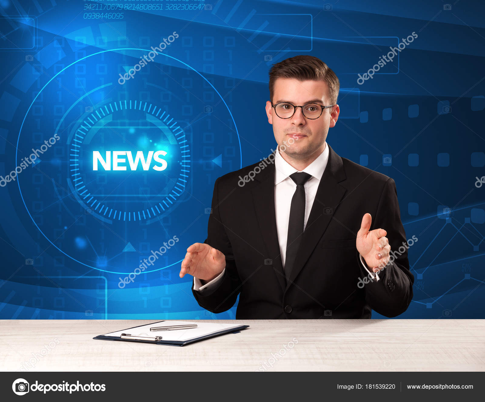 Modern televison presenter telling the news with tehnology backg Stock ...