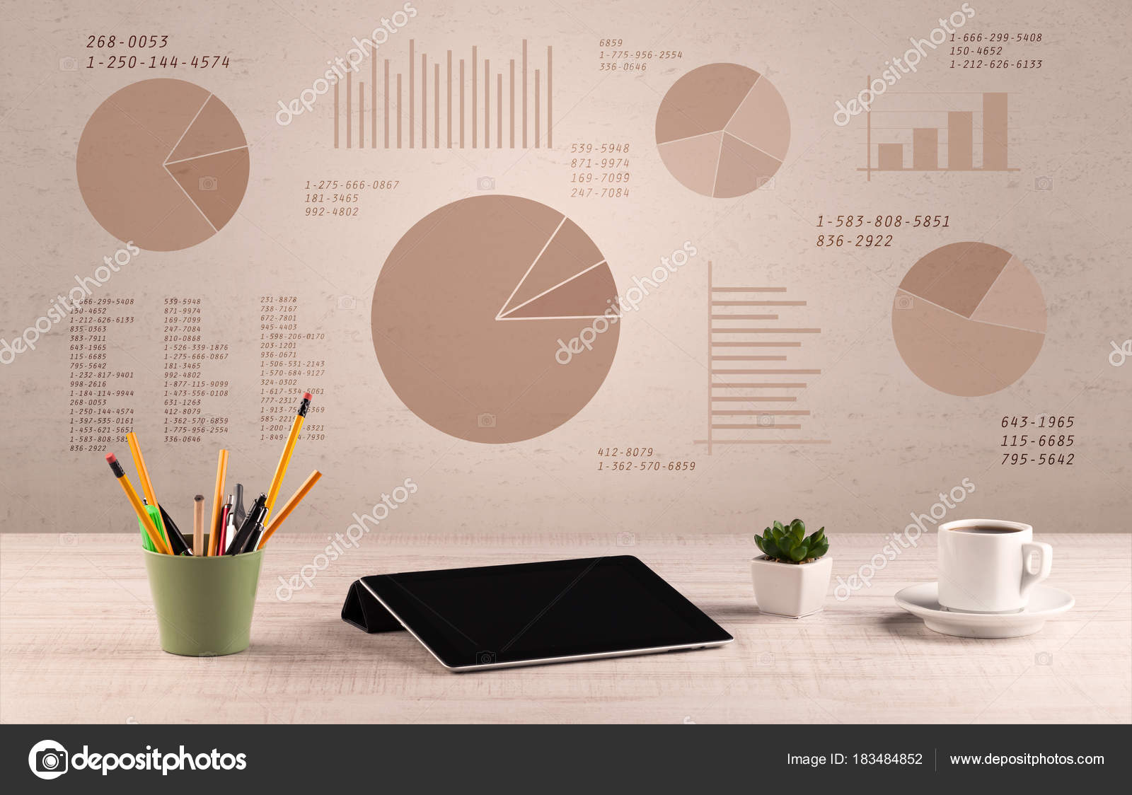 Pie chart graph office desk Stock Photo by ©ra2studio 183484852