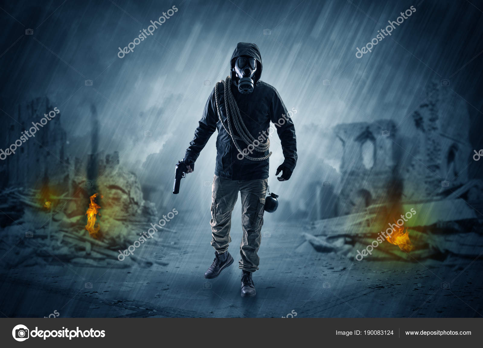 After catastrophe men coming in gas mask and arms — Stock Photo ...