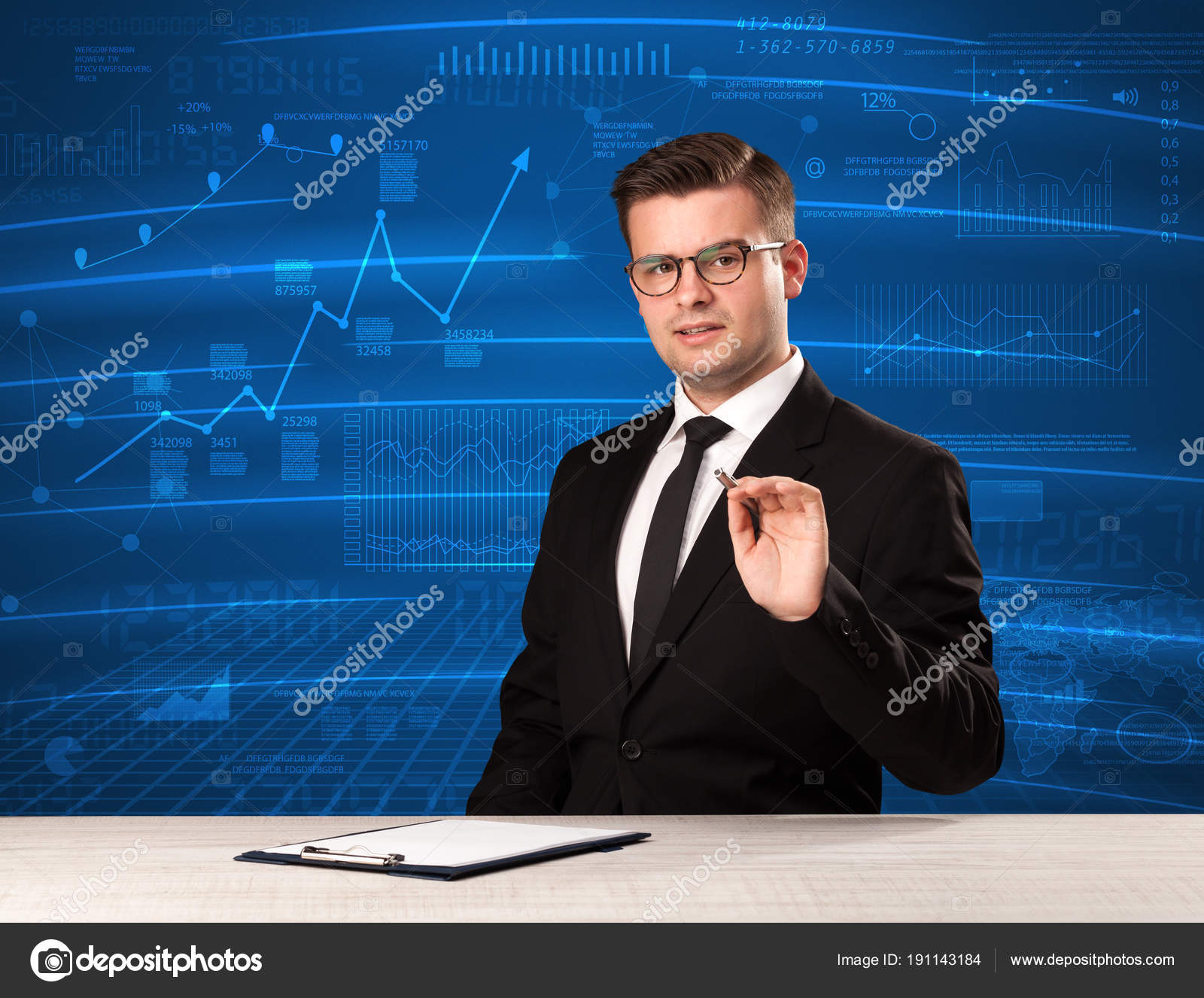 Stock data analyst in studio giving adivce on blue chart background ...