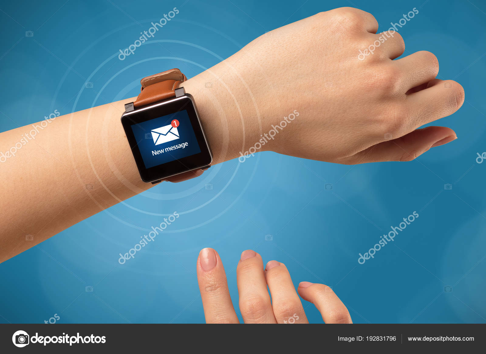 Hand with smartwatch and blue background Stock Photo by ©ra2studio ...