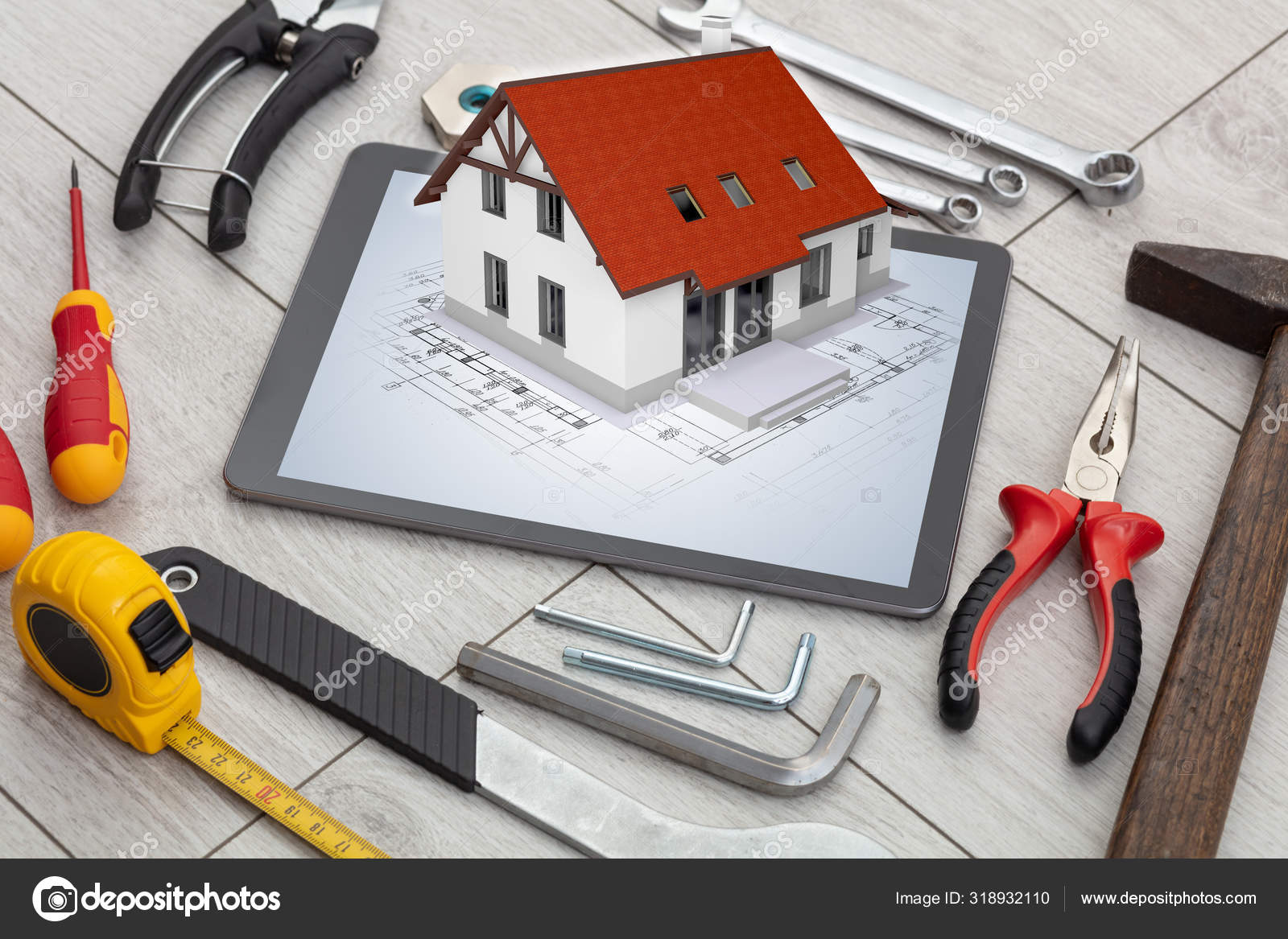 Tablet and tools with 3d home plan concept — Stock Photo © ra2studio ...