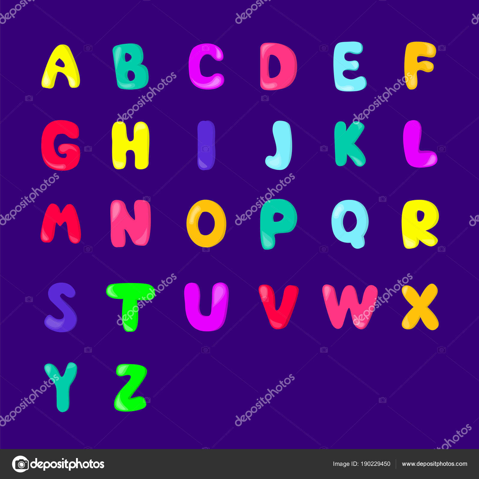 Cartoon set of multi-colored letters on the violet background. Funny ...