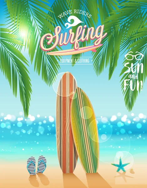 Surfing poster with tropical beach background. Stock Vector Image by ...