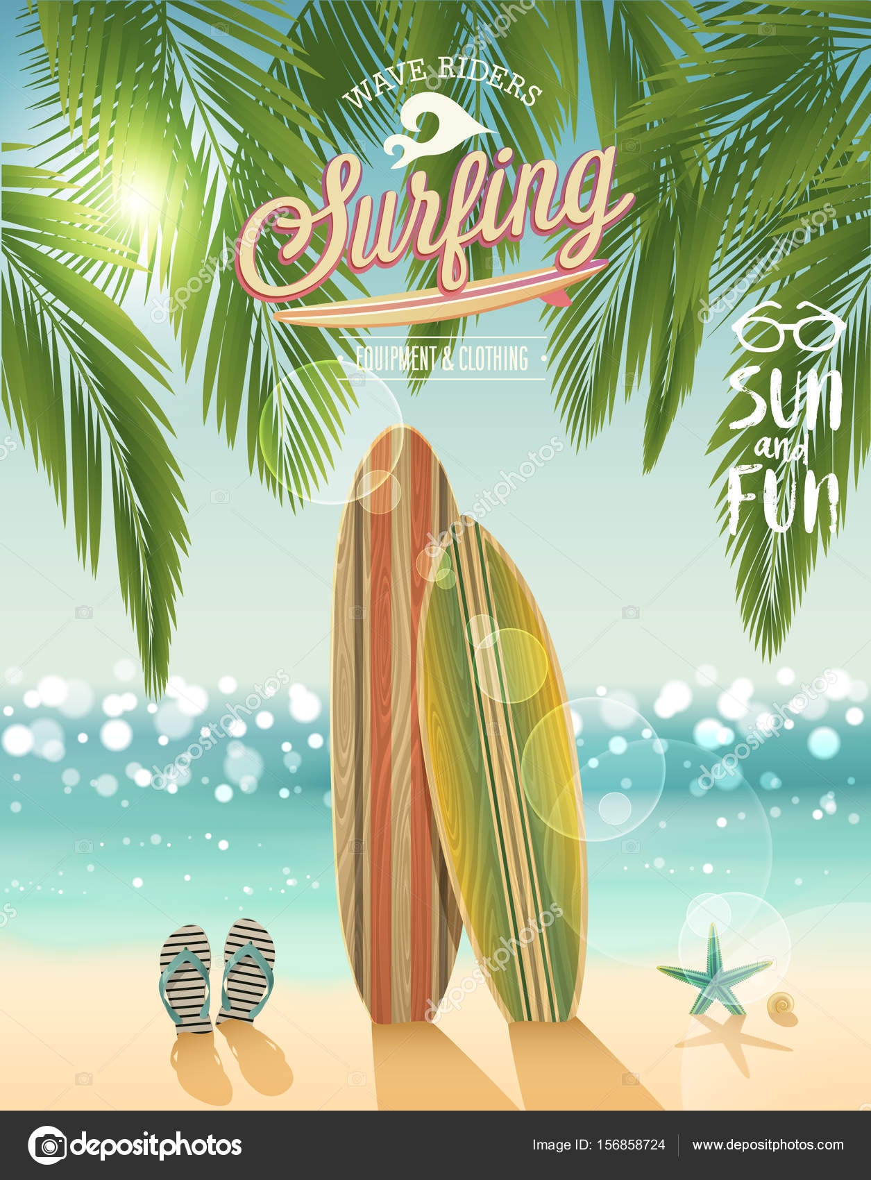 Surfing poster with tropical beach background. Stock Vector Image by ...