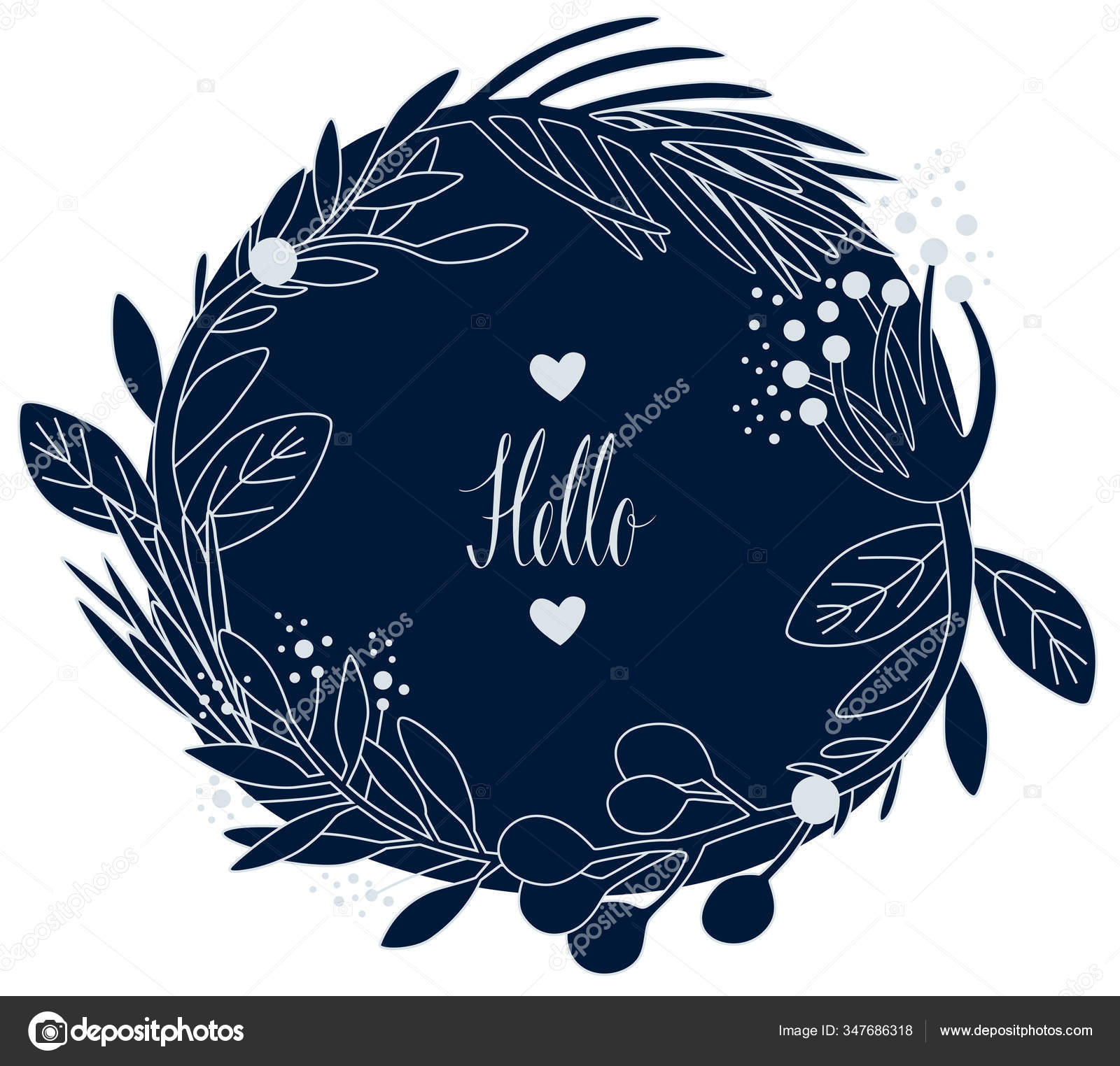 Flower Wreath Leaves Hello Card Line Art Vector Illustration Romantic ...