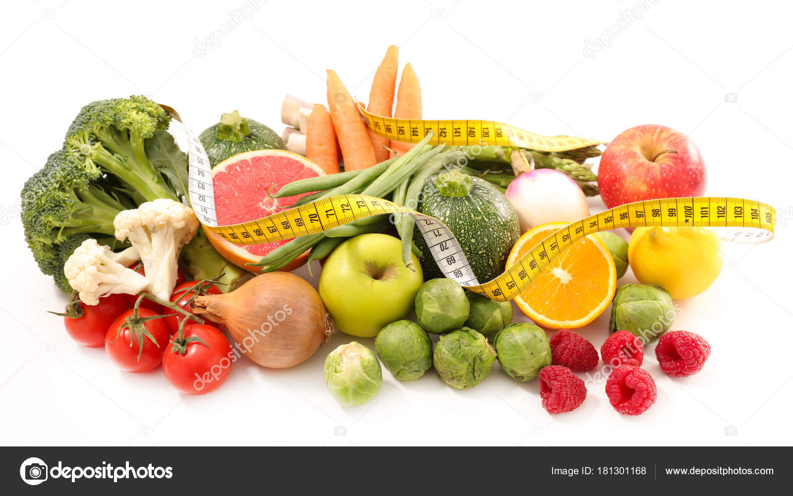 Close View Fresh Fruit Vegetables Measuring Tape — Stock Photo ...