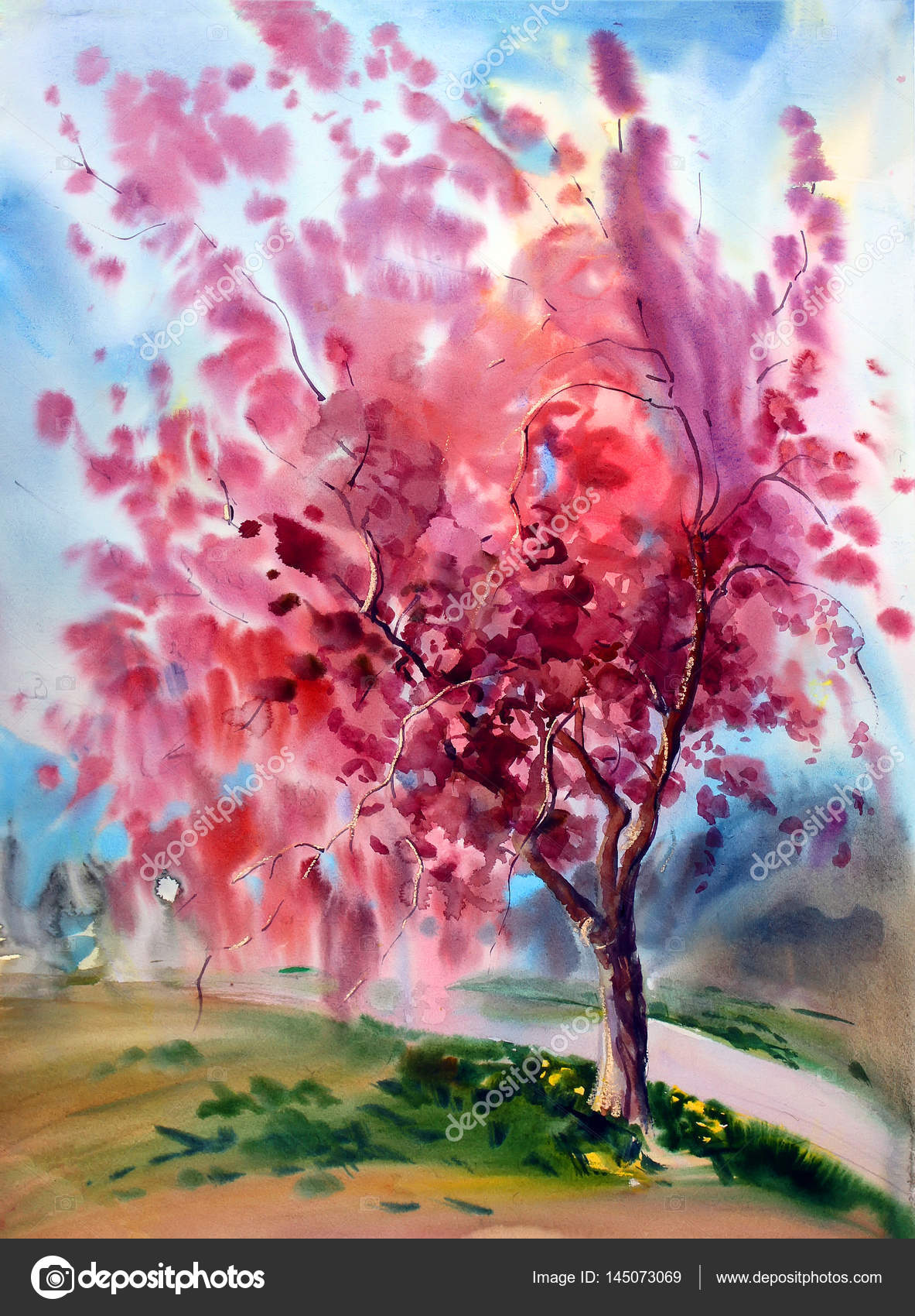 Watercolor painting landscape with blooming spring tree with flo ...