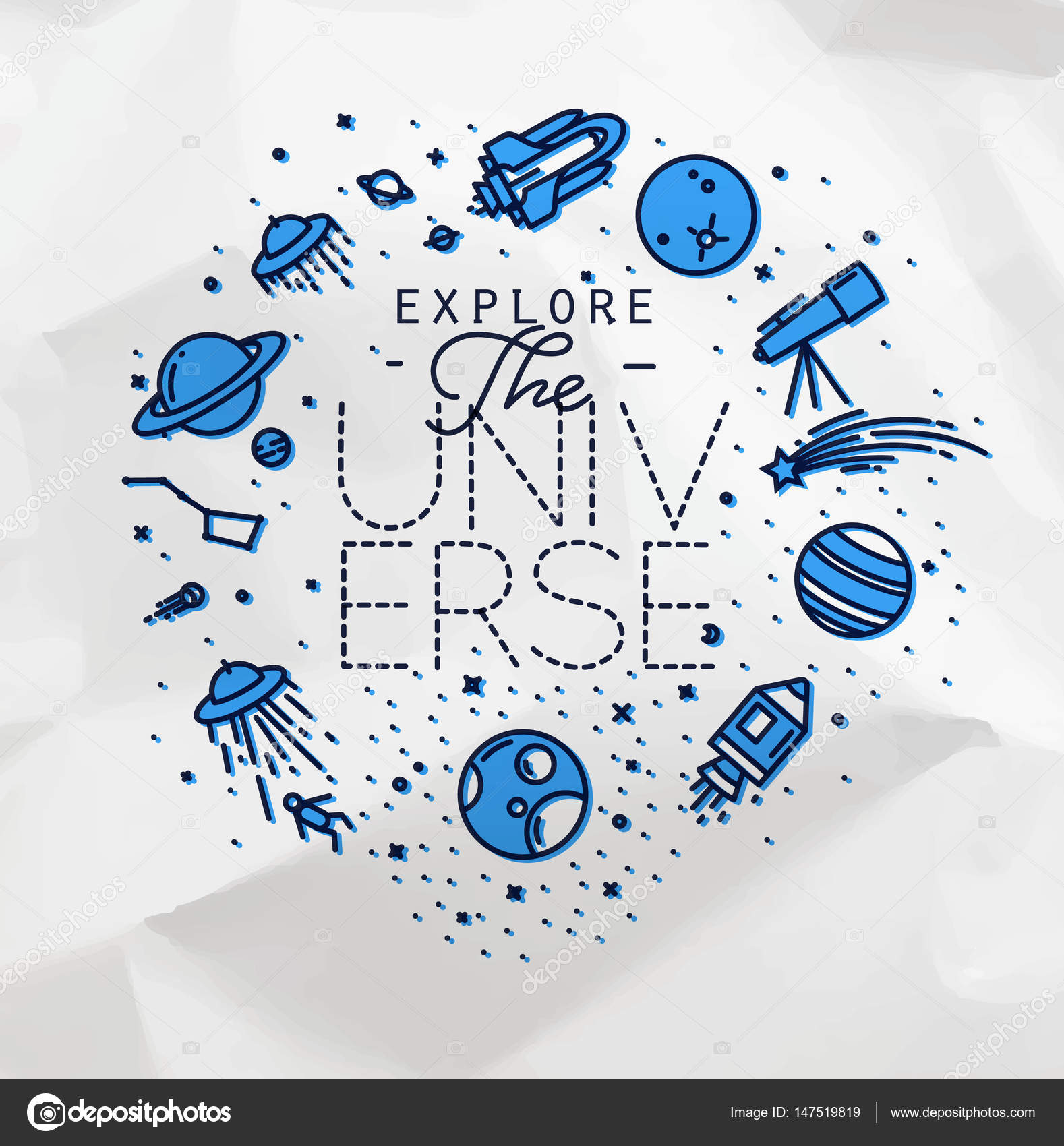 Flat explore universe monogram crumpled Stock Vector by ©anna42f 147519819