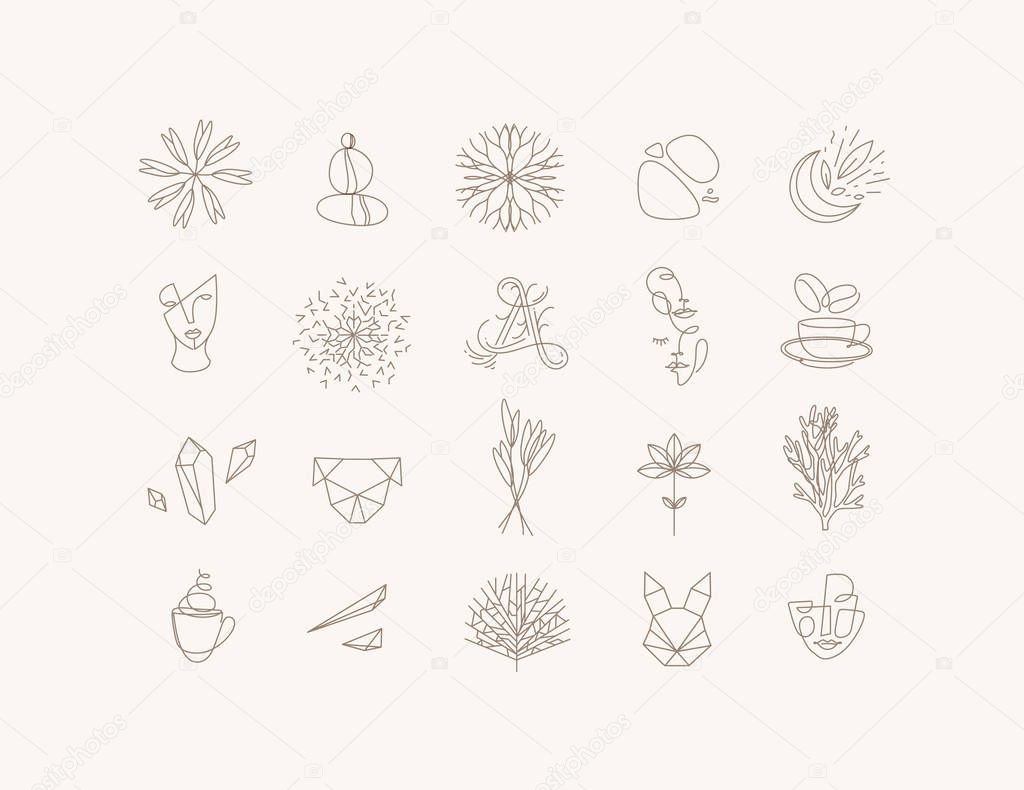 Conjunto de signos naturales modernos que dibujan en estilo de línea de ...