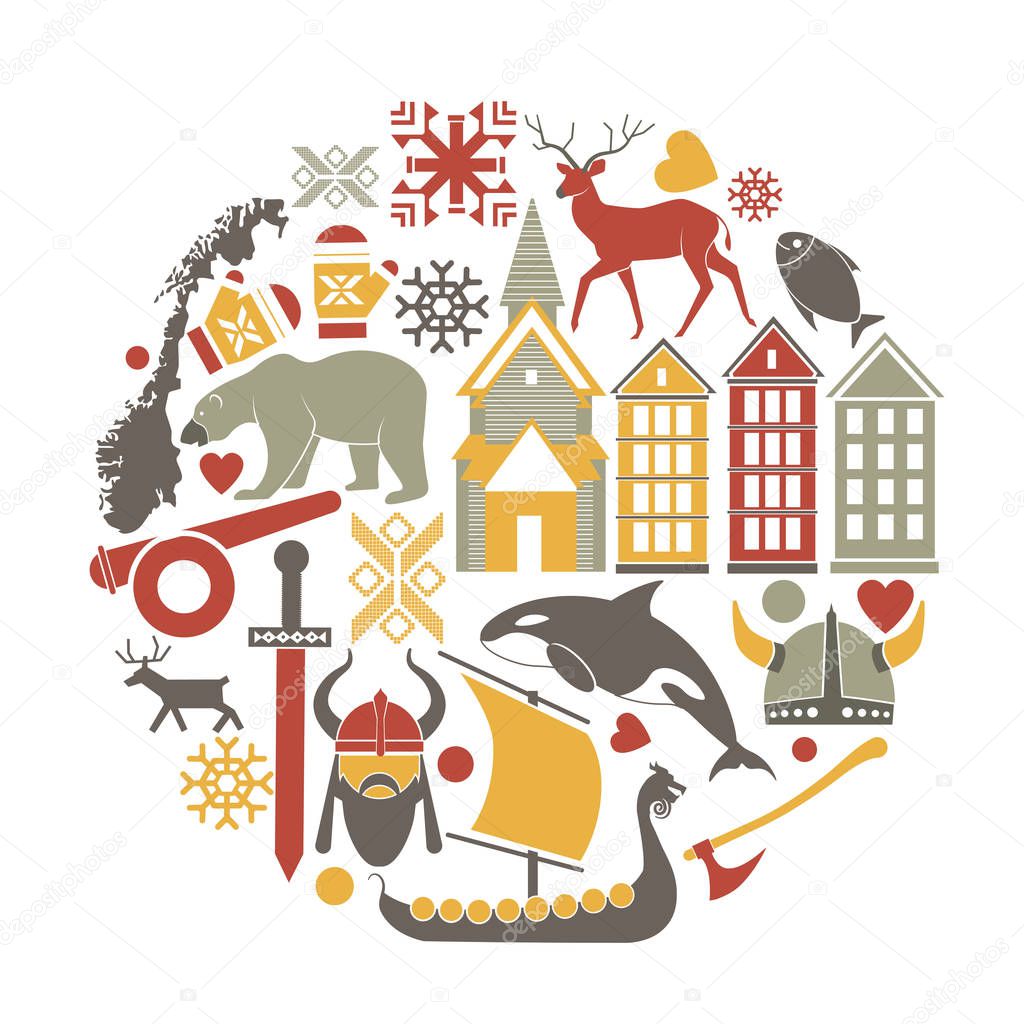 Norway travel sightseeing icons and vector Norwegian landmarks poster