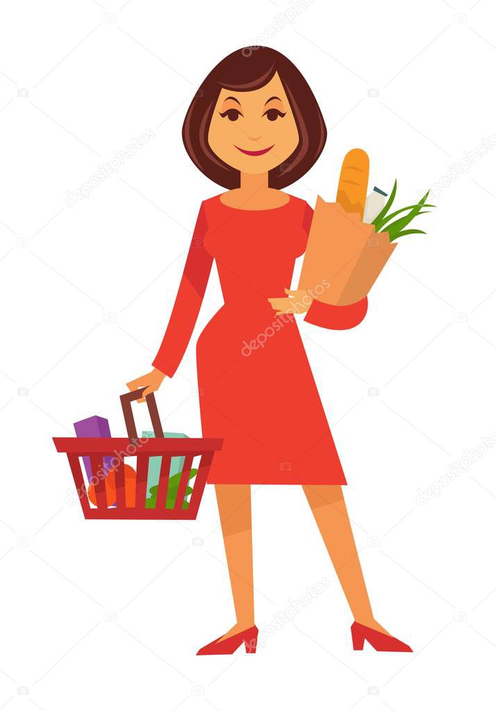 Mujer de dibujos animados con cesta de la compra y bolsa de papel 2023