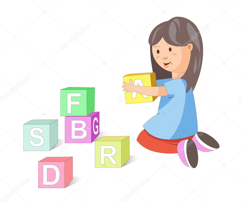 Niña construyendo pirámide de cubos con letras 2024