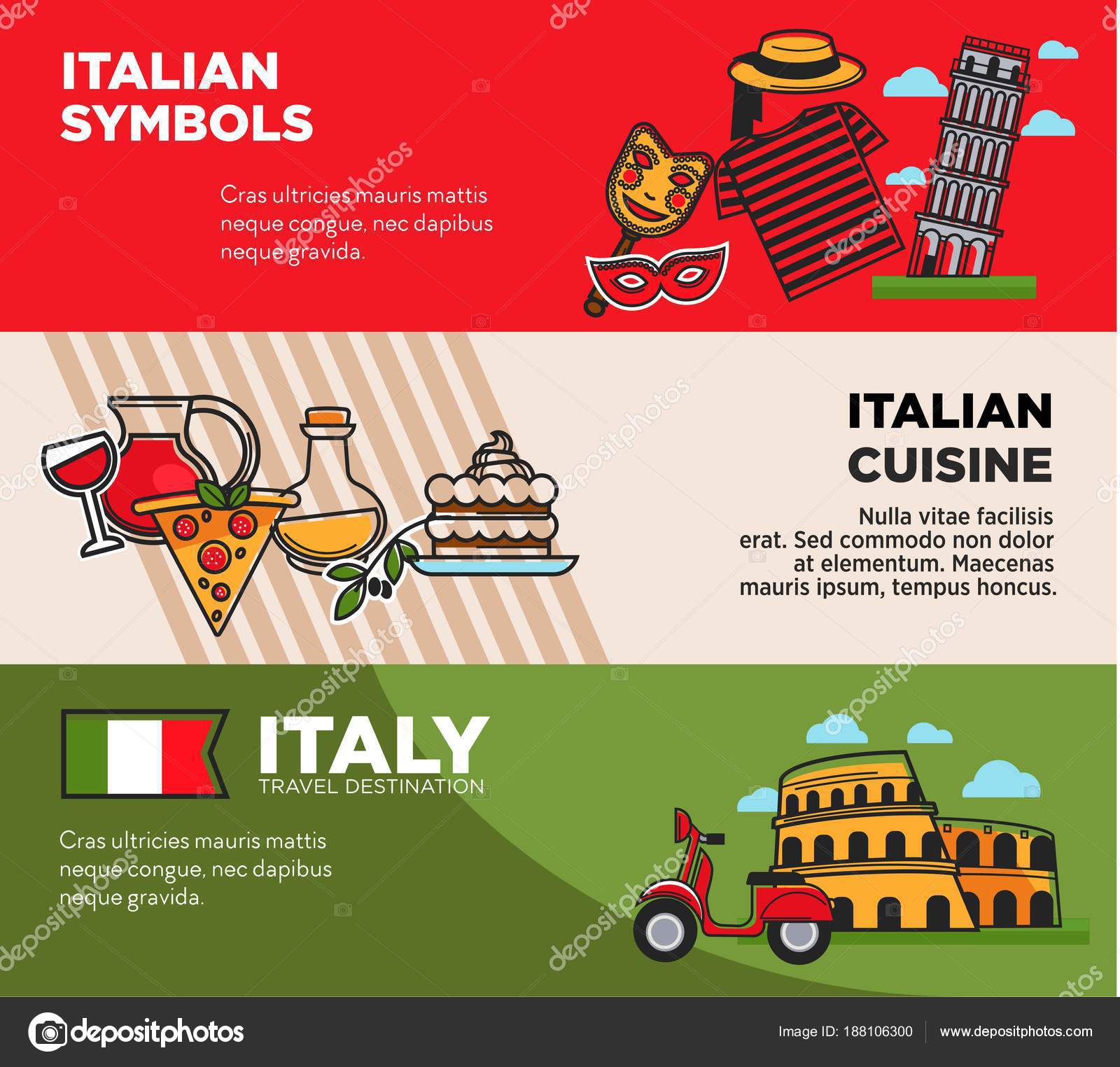 Italy Travel Destination Posters National Symbols Cuisine Architectural ...