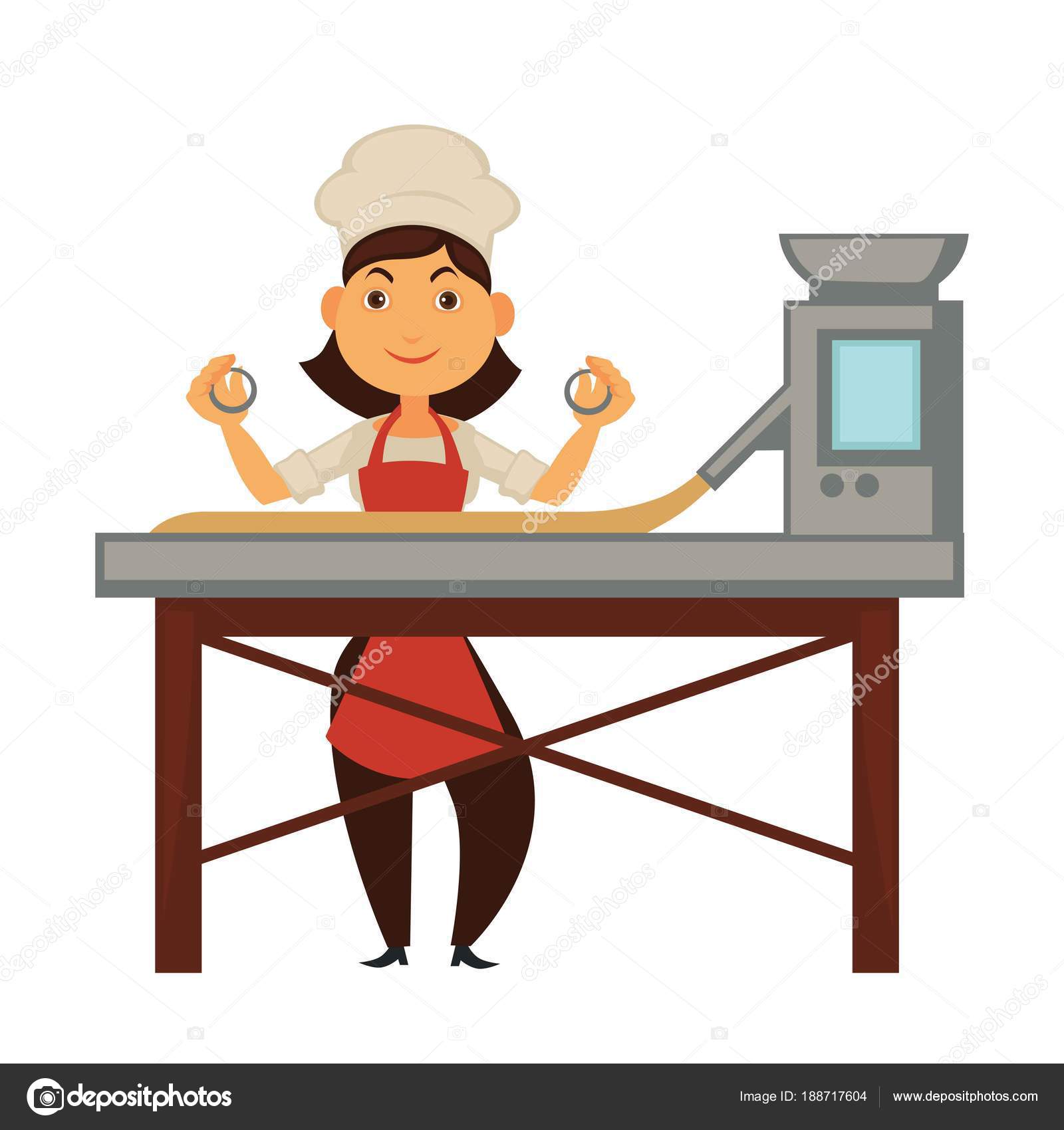 Female Cook Big Factory Machine Dough Handling Woman Hat Apron Stock ...