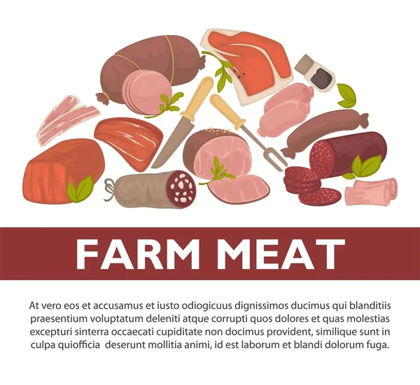 Meat poster of butcher shop farm meat delicatessen, sausages and meaty ...