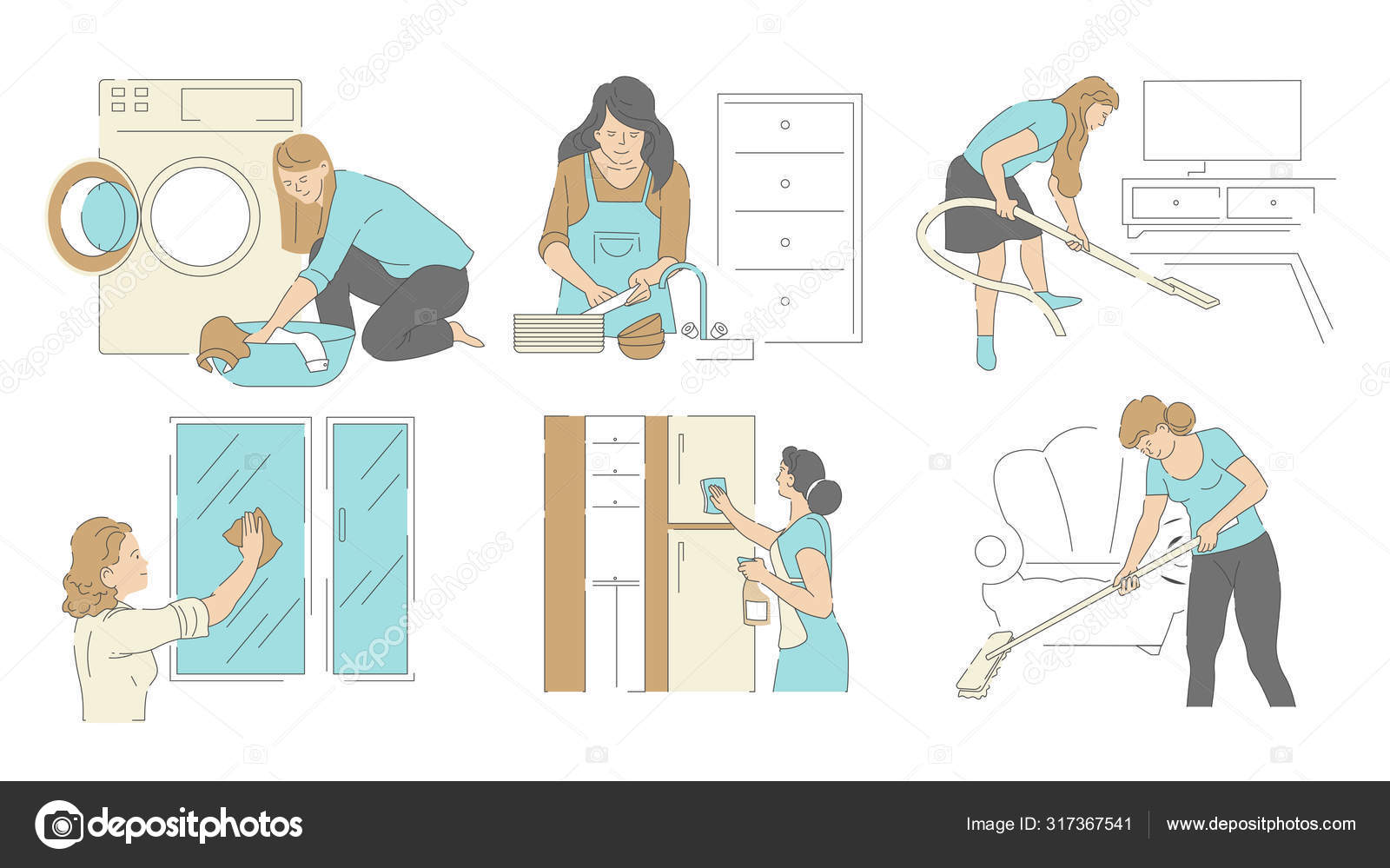 Cleaning House Laundry Woman Doing Household Chores Isolated Icons ...