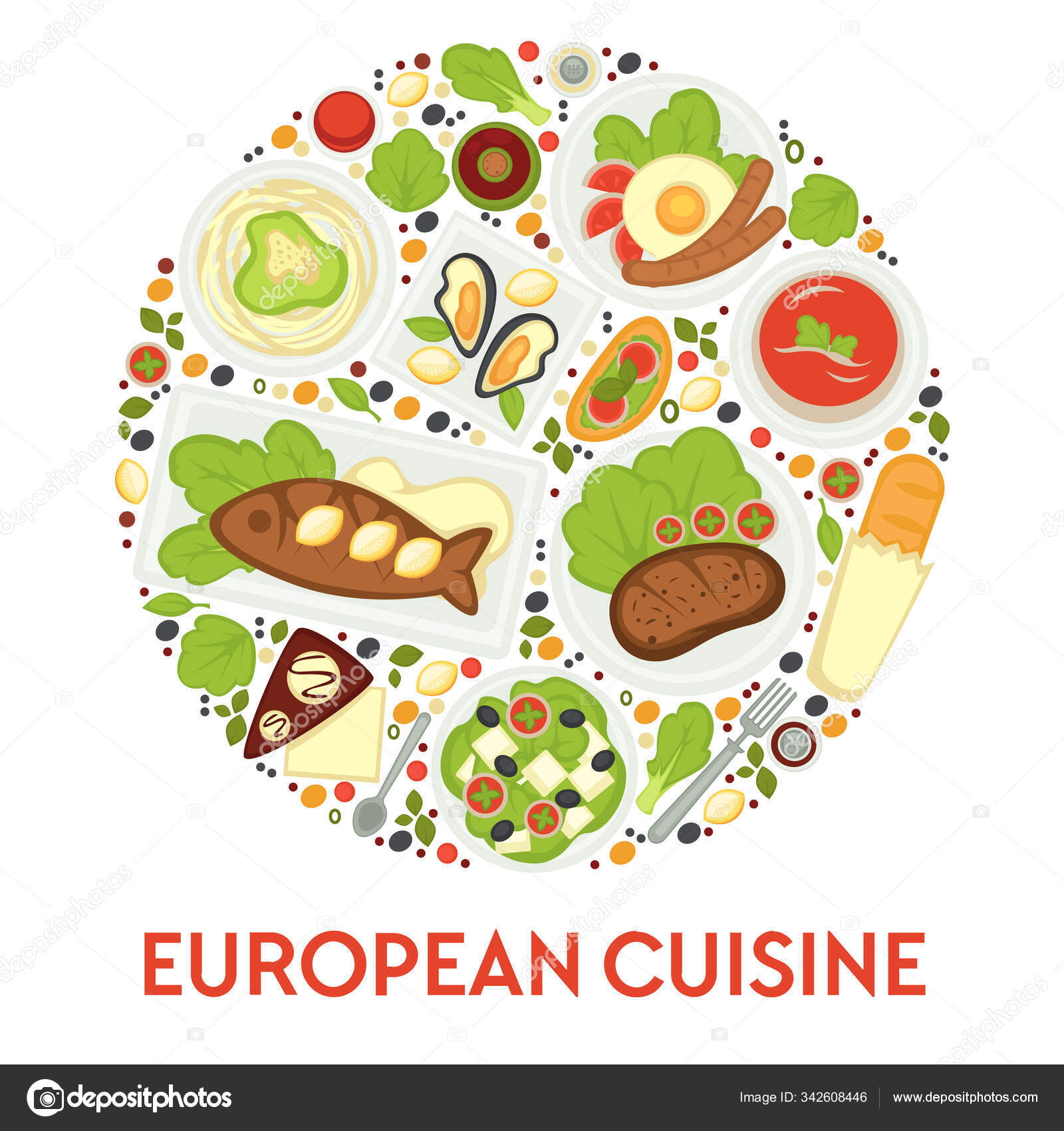Food Europe European Cuisine Dishes Meals Desserts Vector Pasta Oysters ...