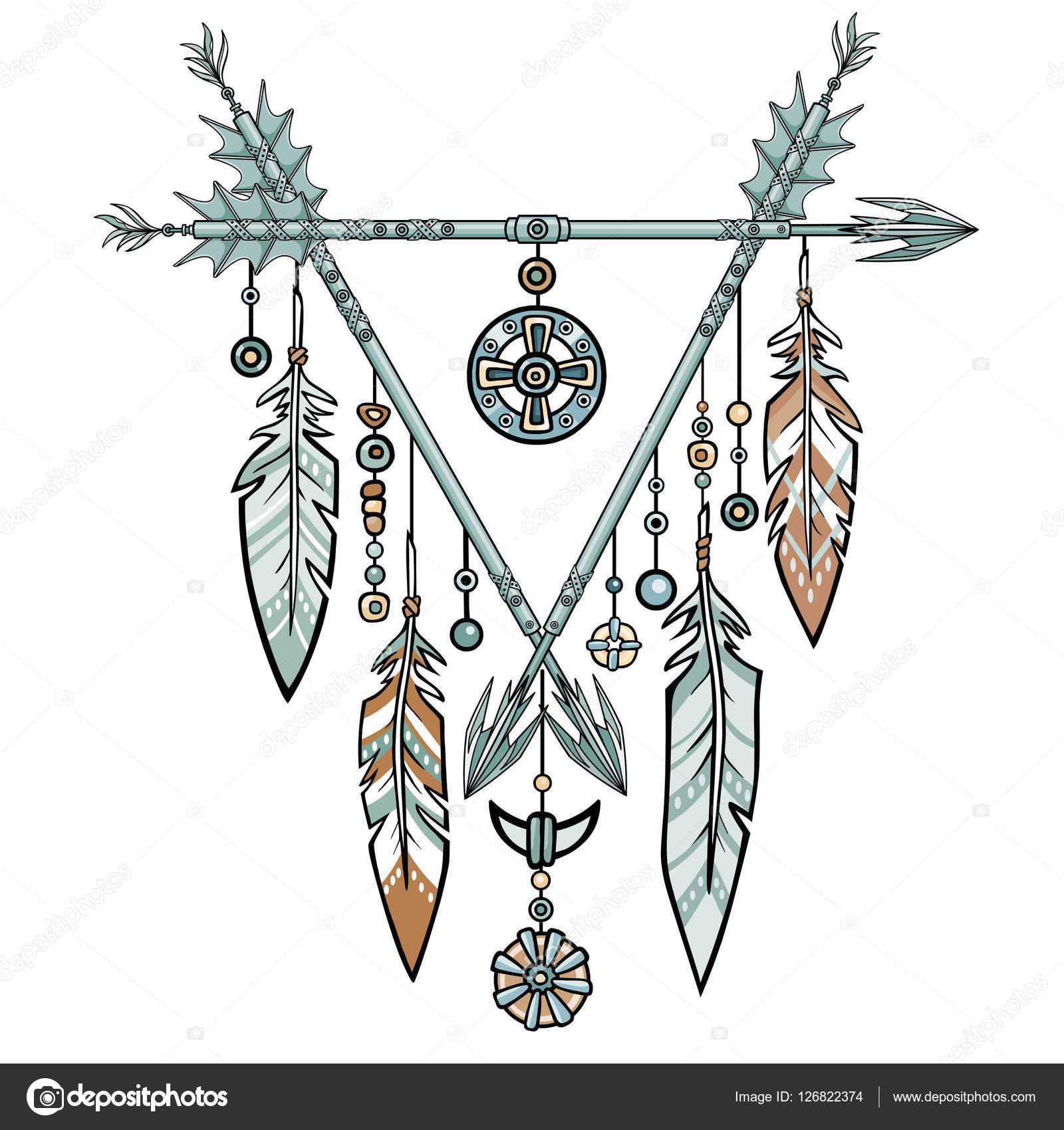 Decorative triangle from arrows. Jewelry feathers and beads, ethnic ...