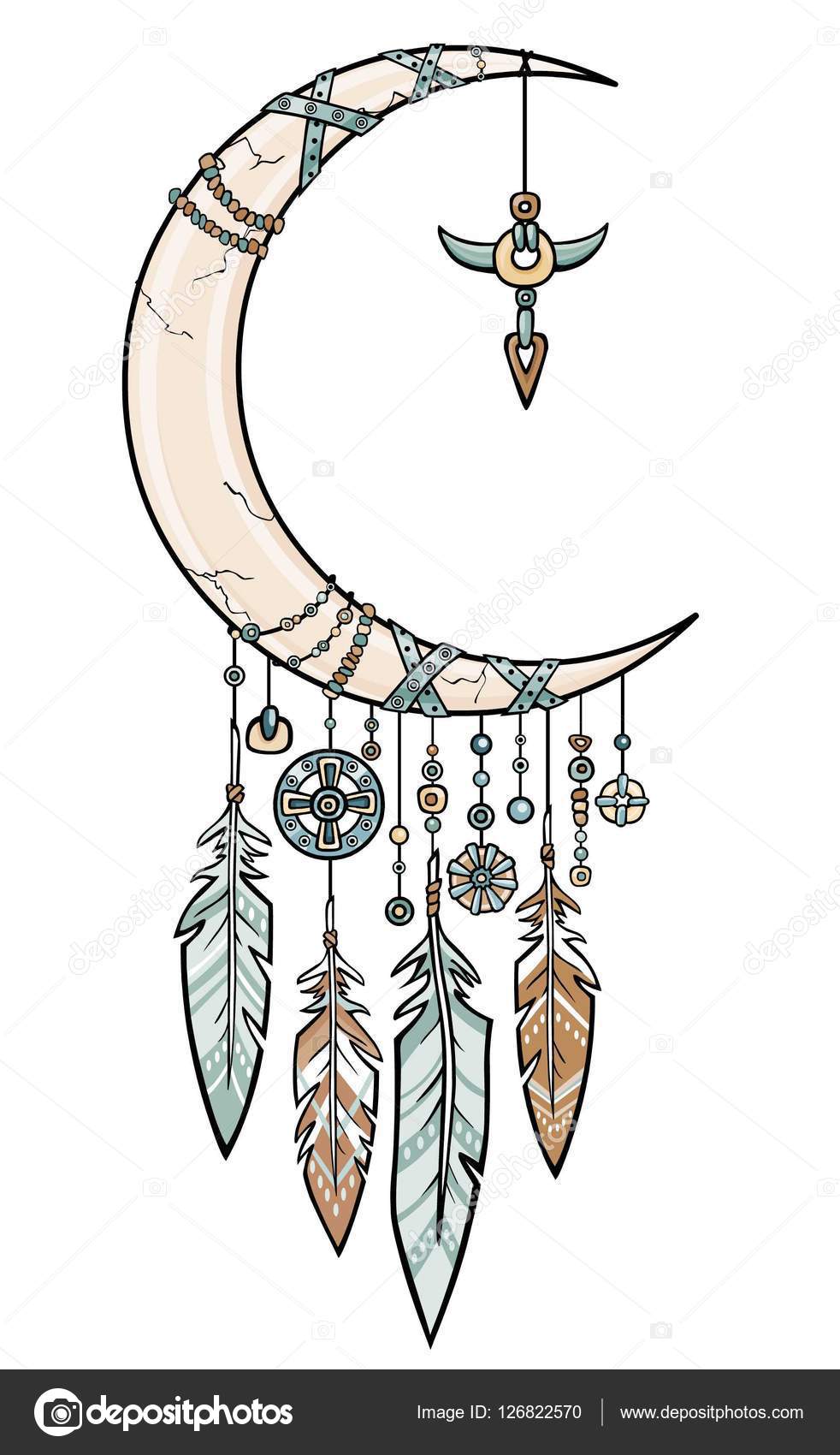 Native American Indian talisman dreamcatcher with feathers. Magic horn ...