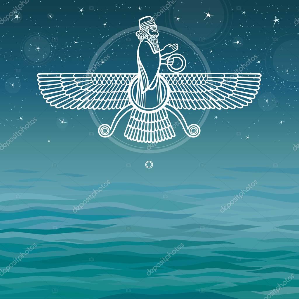 Ilustración vectorial: hombre asirio mítico. Fondo marino. 2022