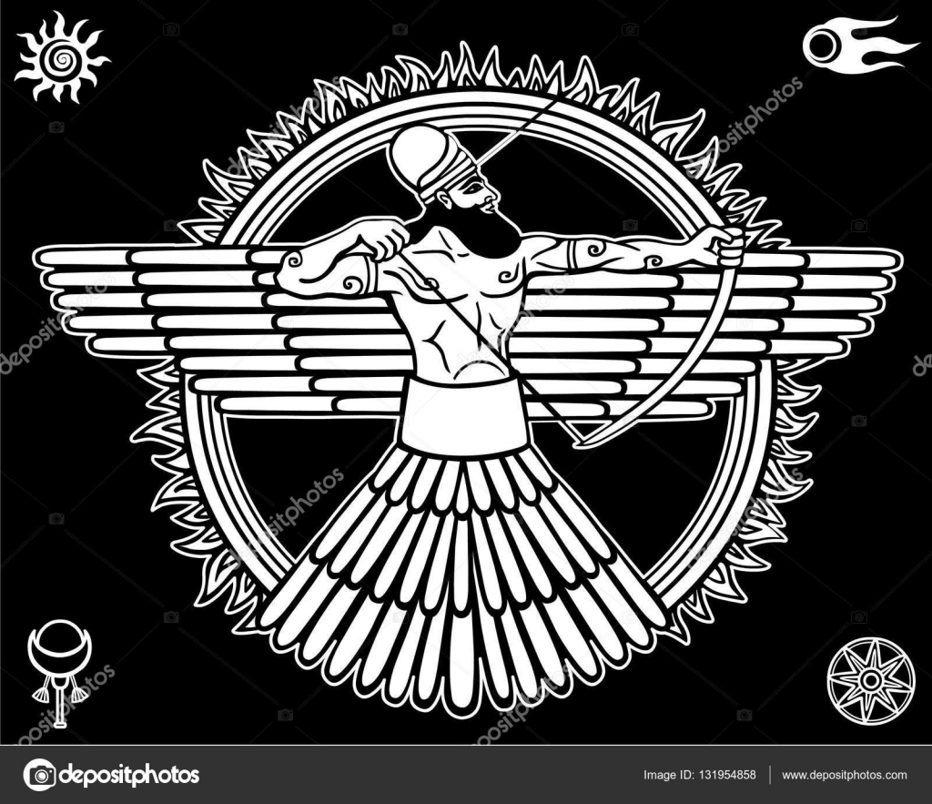 Image of an ancient deity.Set of esoteric symbols. The white linear ...