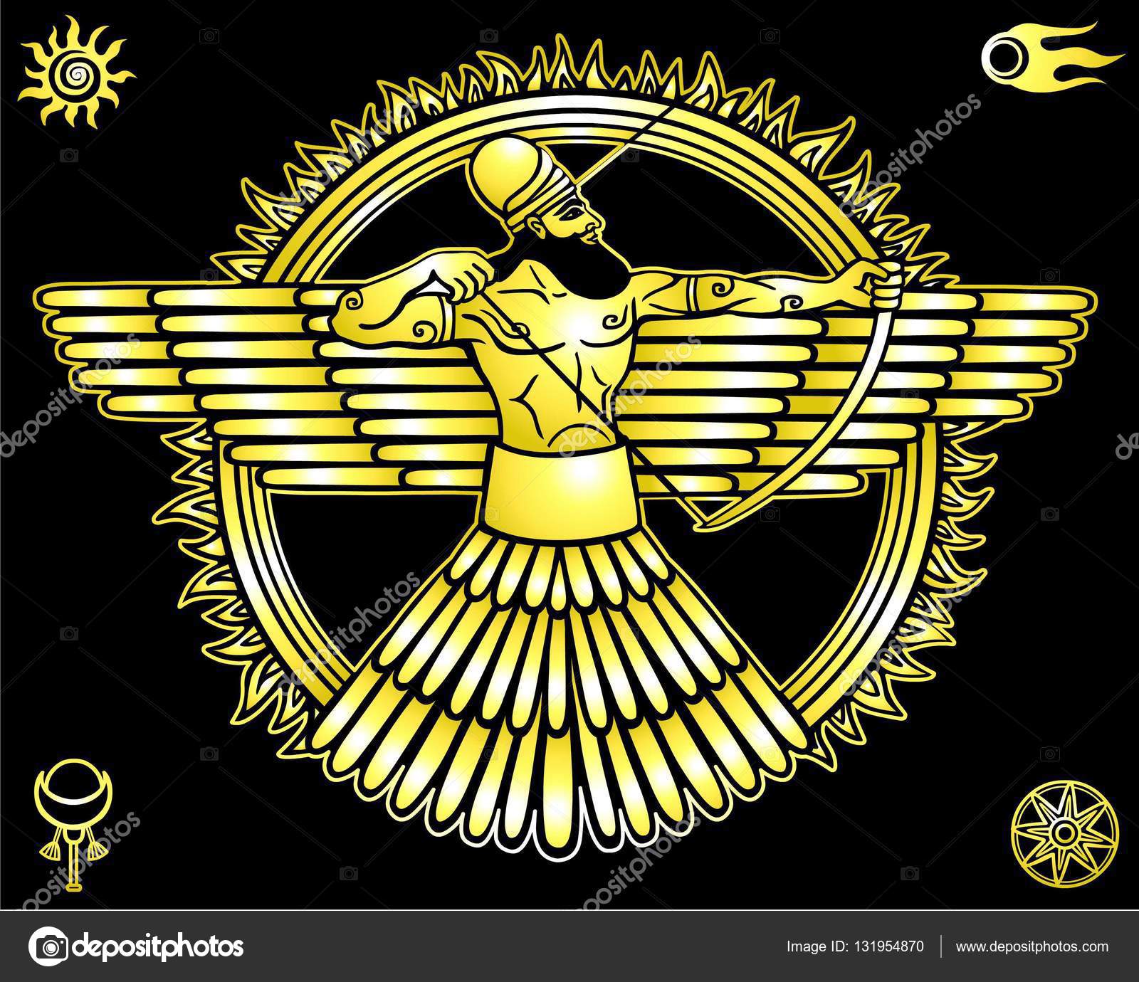 Image of an ancient deity.Set of esoteric symbols. The yellow drawing ...