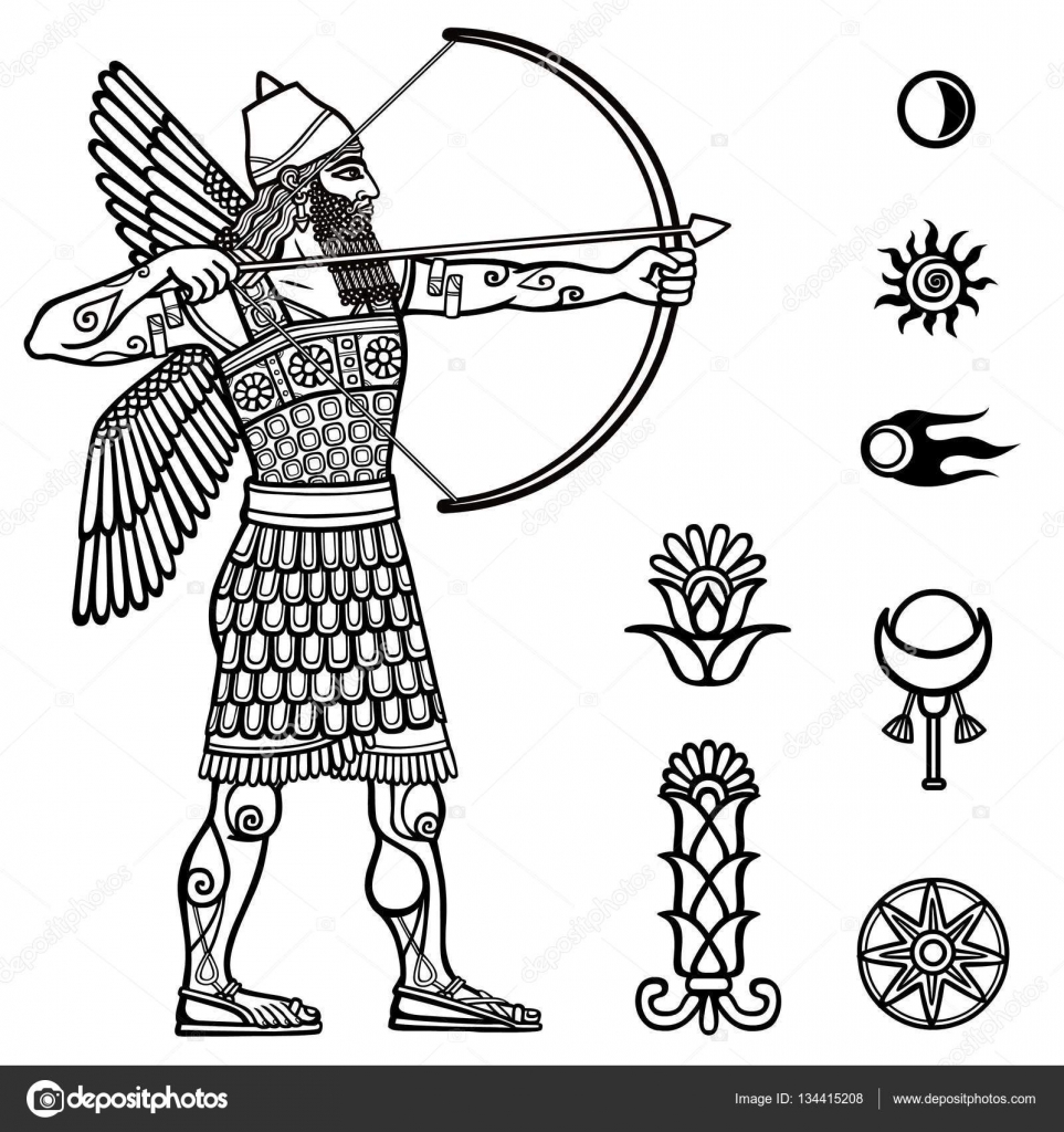 Image of the ancient archer. Full growth. Black and white drawing based ...