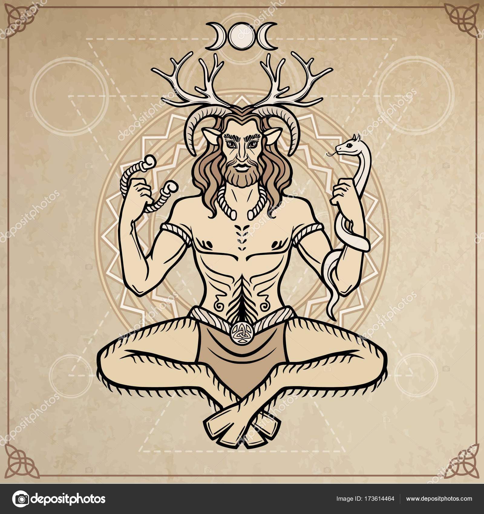 Horned god Cernunnos . Mysticism, esoteric, paganism, occultism. Vector illustration. Background ...