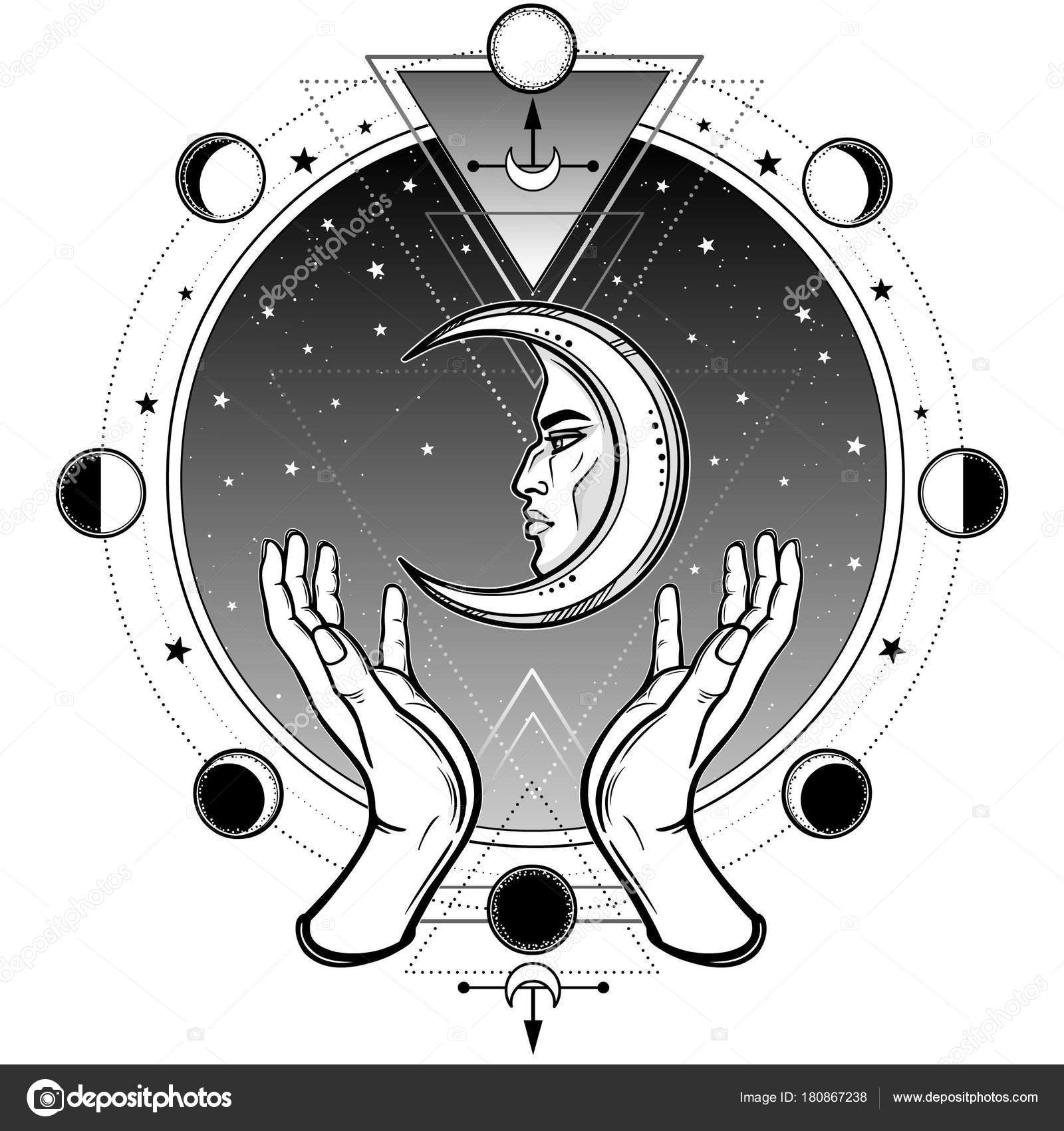 Las Manos Humanas Sostienen Símbolo Luna Fondo Círculo Del Cielo Vector ...