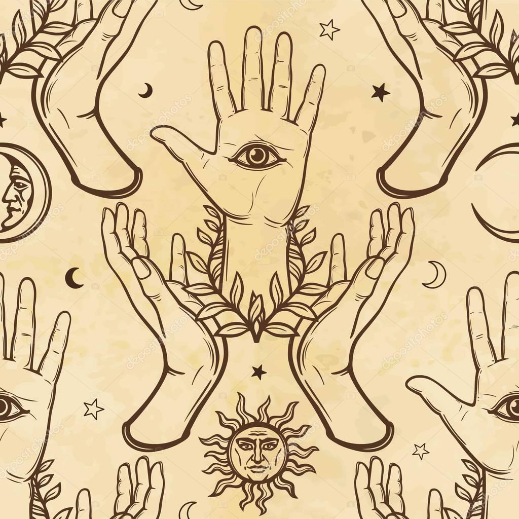 Patrón de color sin costuras: las manos humanas sostienen una palma con ...