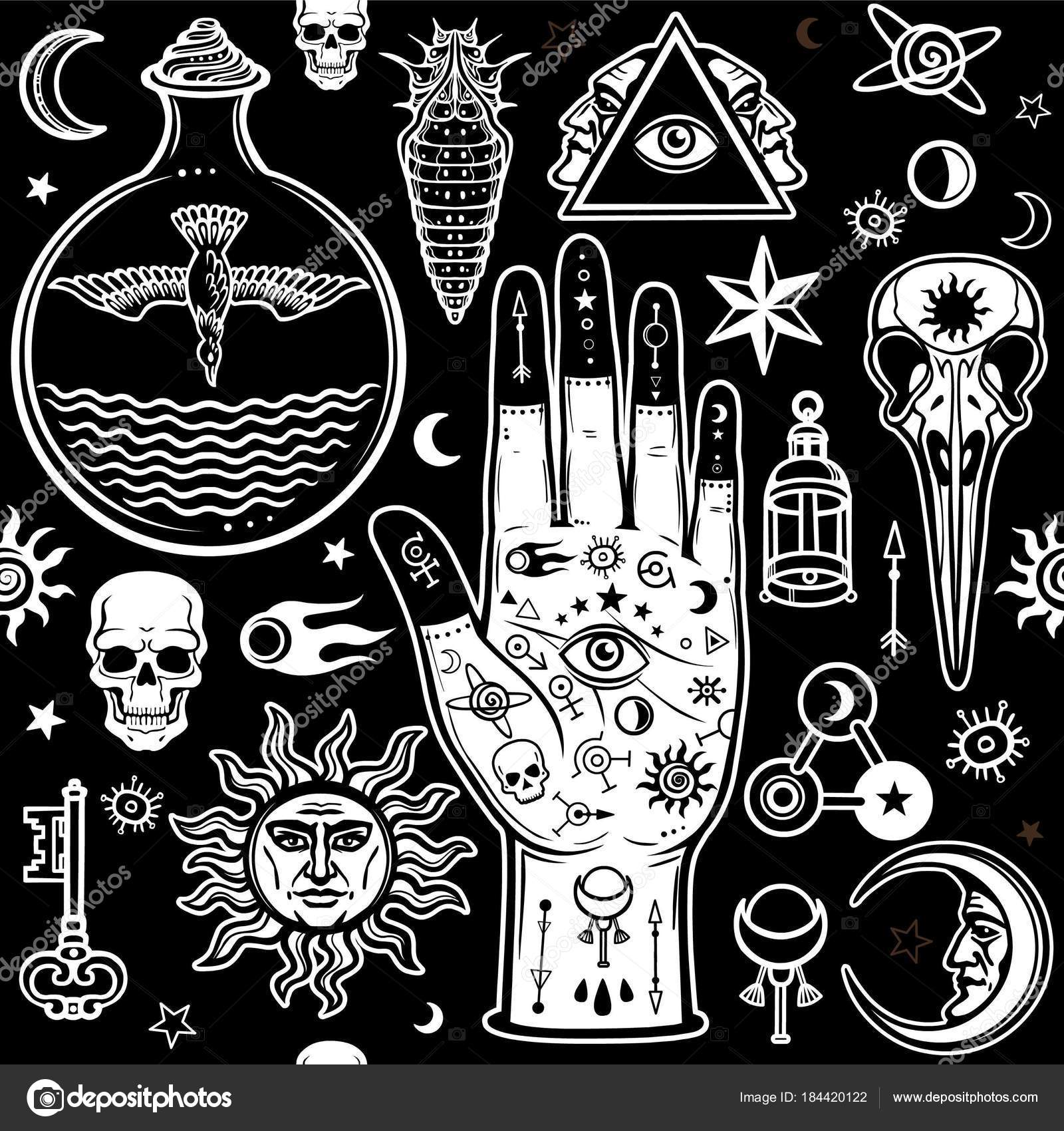 Seamless Color Pattern Human Hands Tattoos Alchemical Symbols Esoteric ...