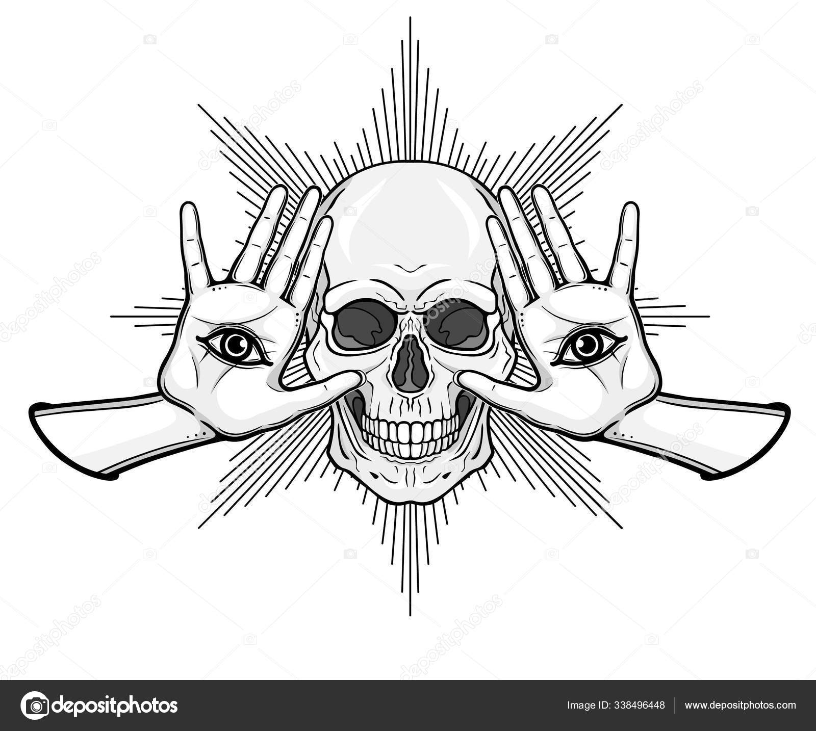 Mystical Drawing Human Skull Women Hands All Seeing Eye Alchemy Stock ...